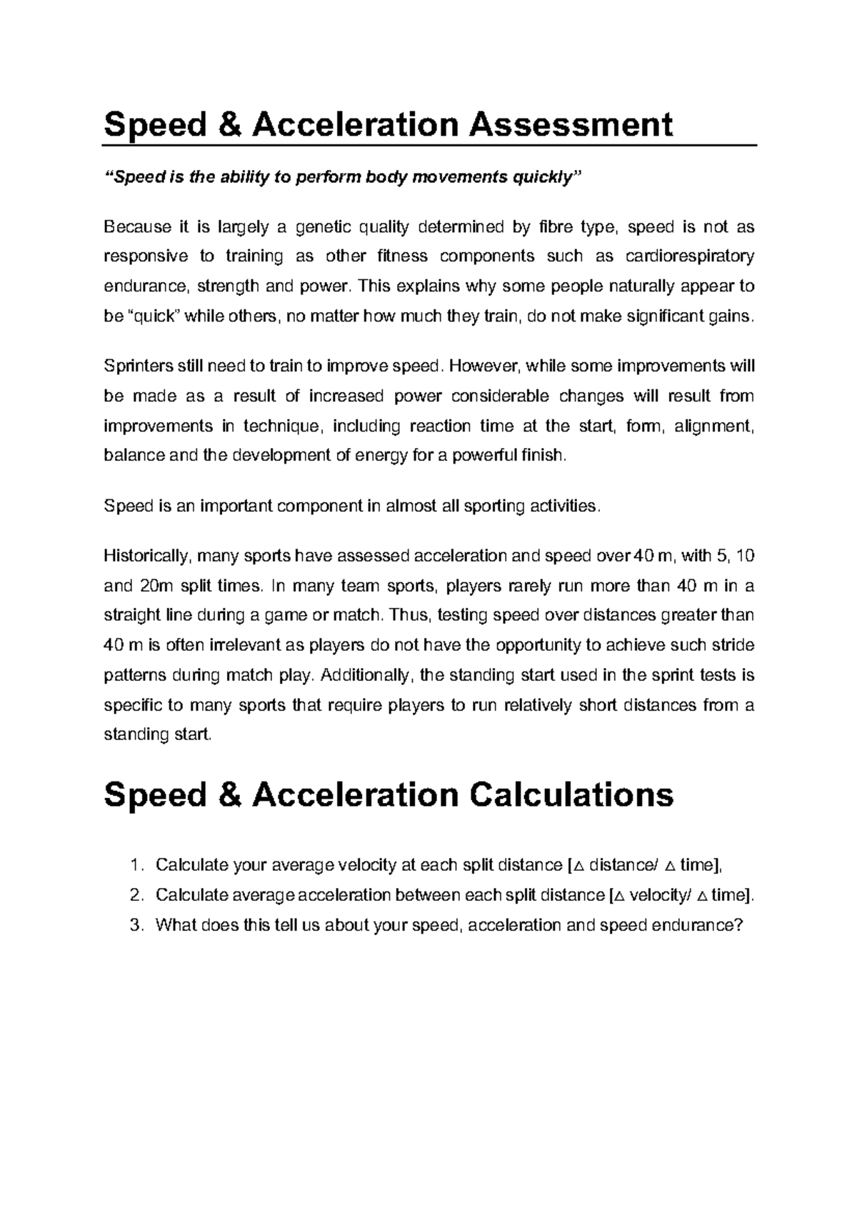 Speed Acceleration Assessment Workbook - S&C - Studocu