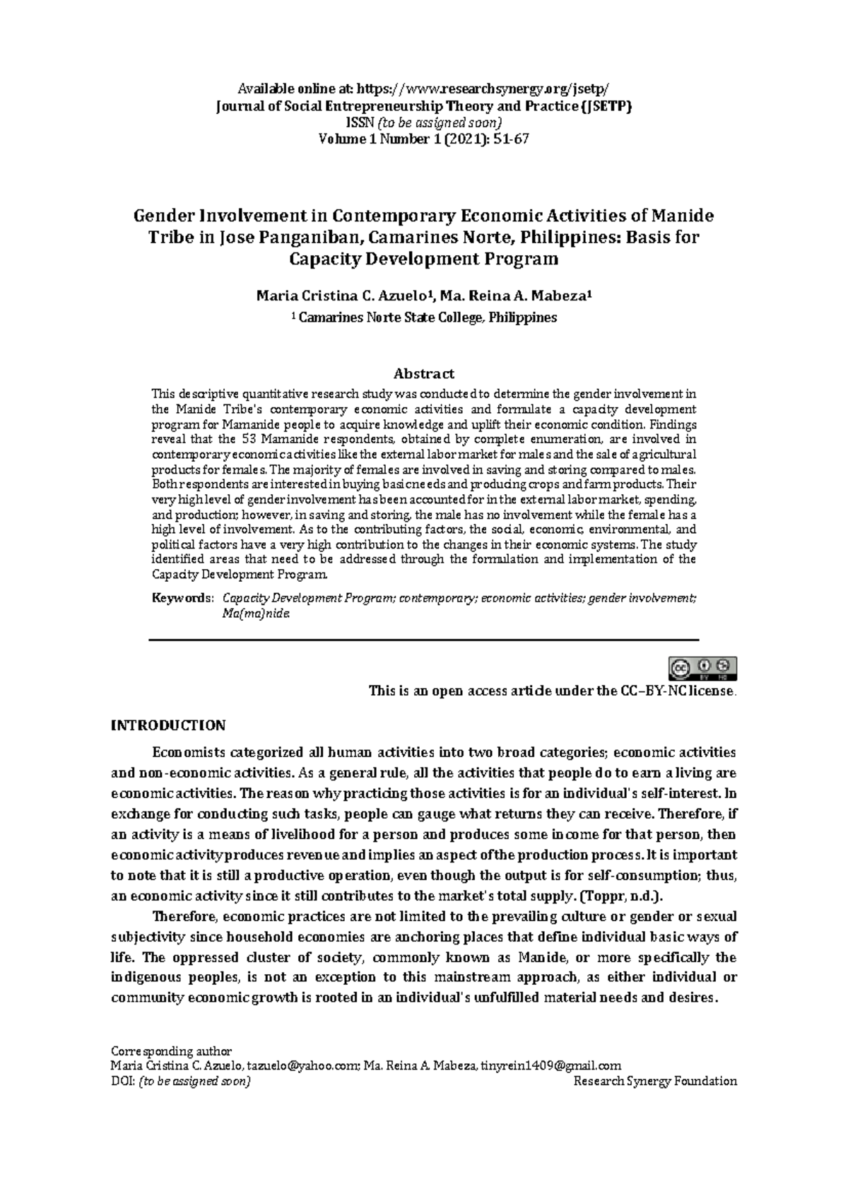 Gender Involvement in Economic Activities of Manide Tribe: A Study for ...