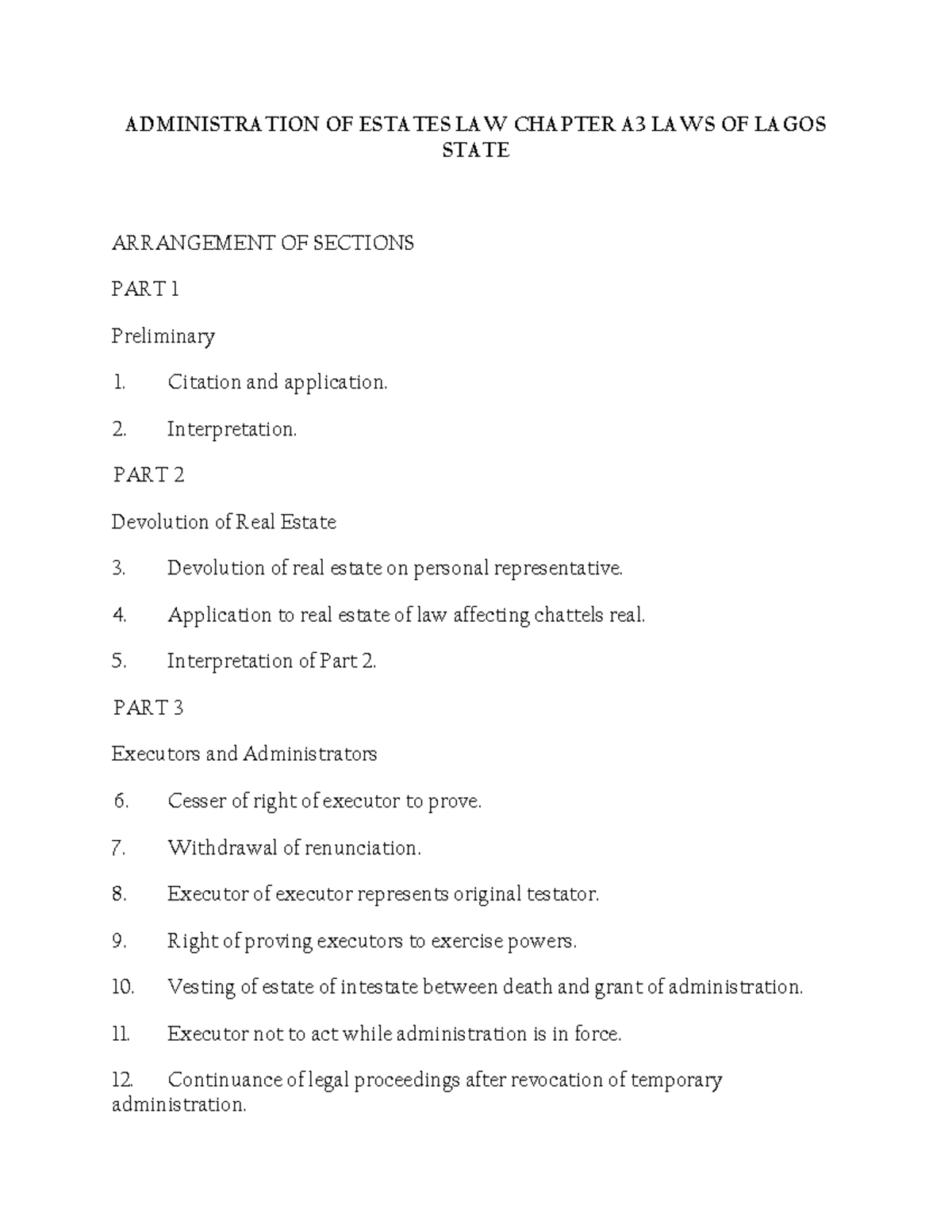 ADMINISTRATION OF ESTATES LAW CHAPTER A3: LAWS OF LAGOS STATE - Studocu