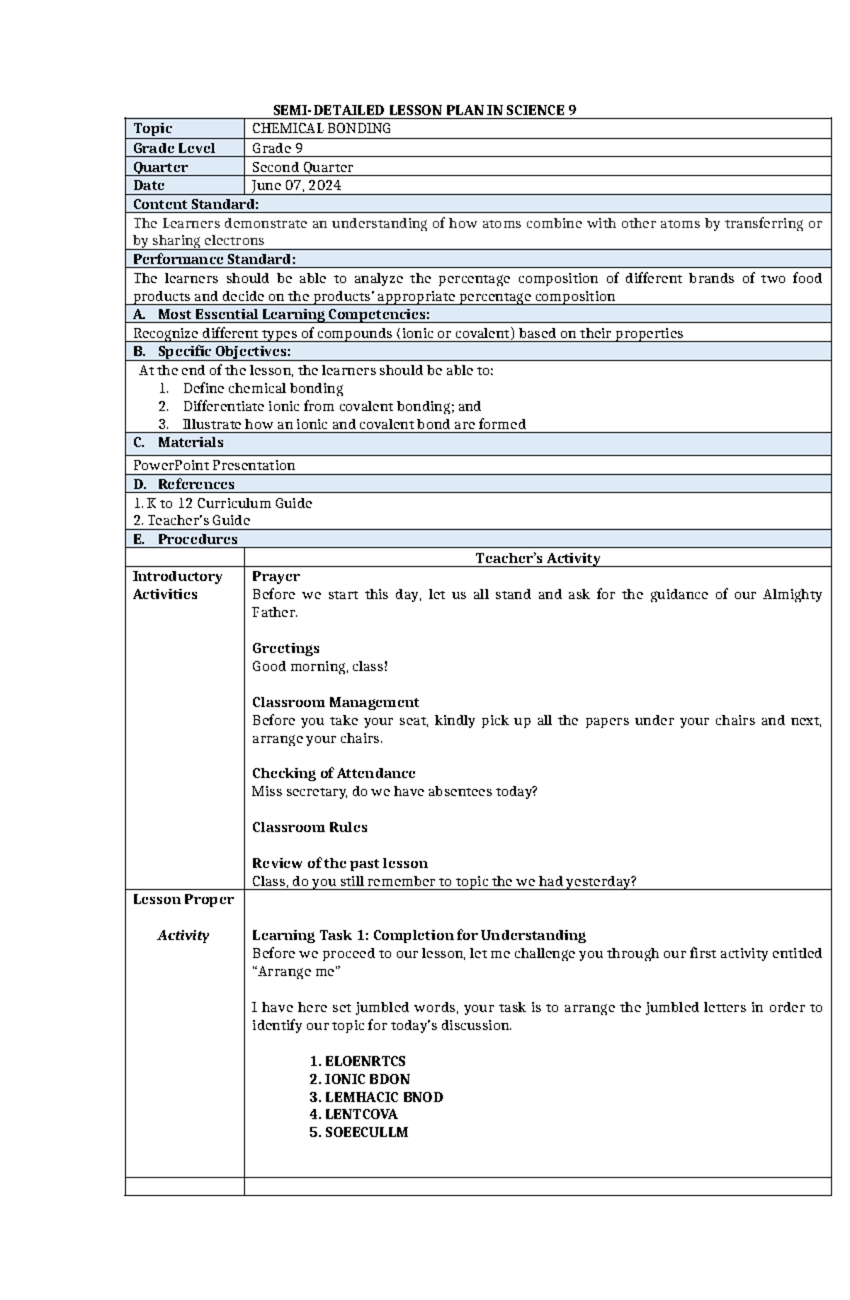 SEMI- Detailed LP (UB) Chemical bonding - SEMI-DETAILED LESSON PLAN IN ...