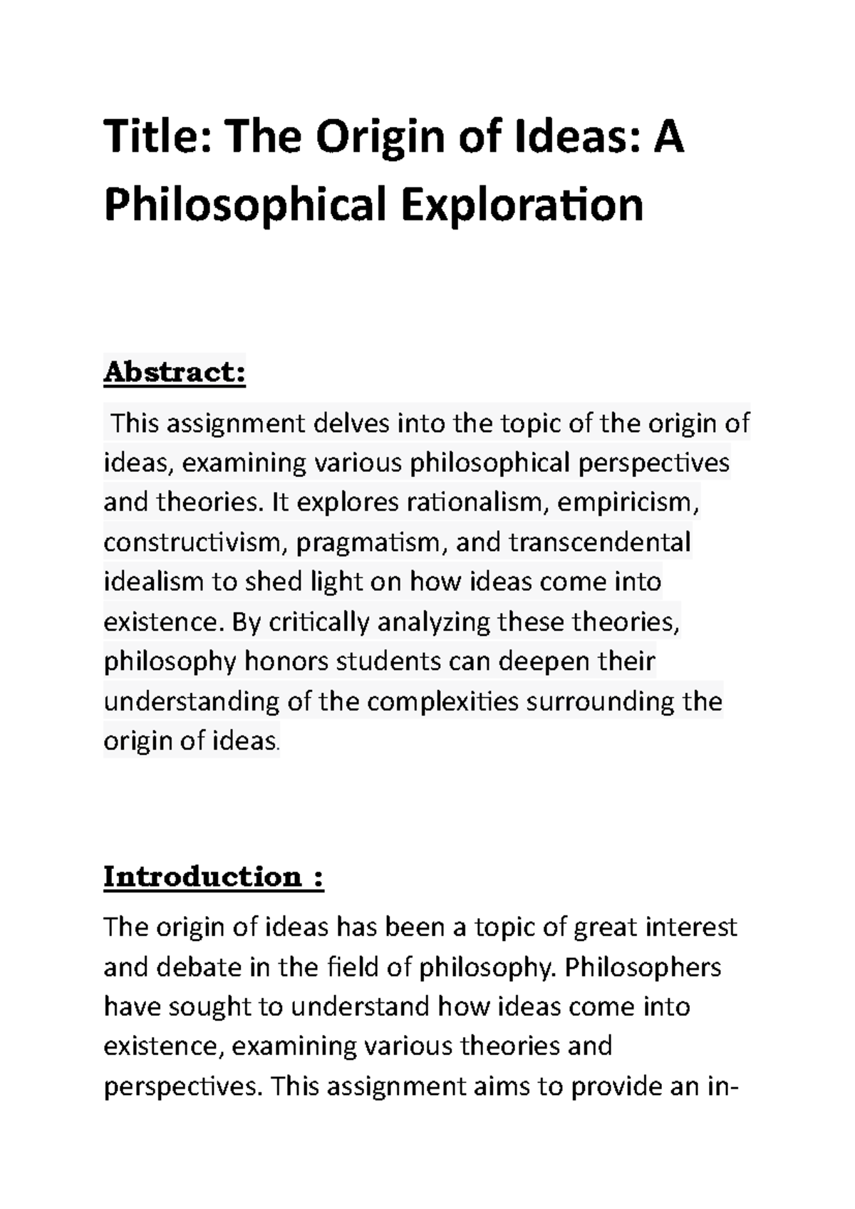 The Origin of Ideas: An In-Depth Study in Philosophy (PHIL101) - Studocu