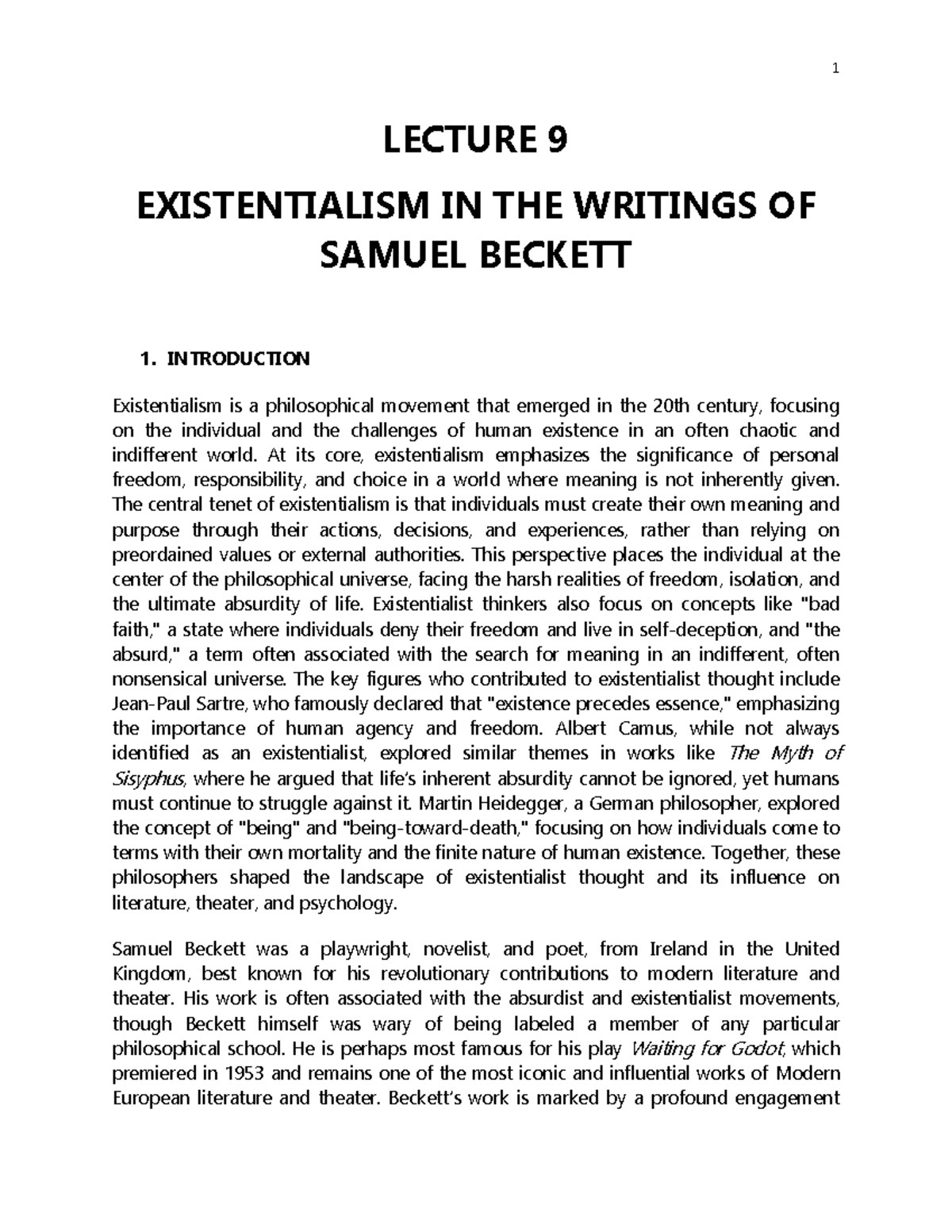 Existentialism and Samuel Beckett's Influence on Modern Euro Lit (2 ...