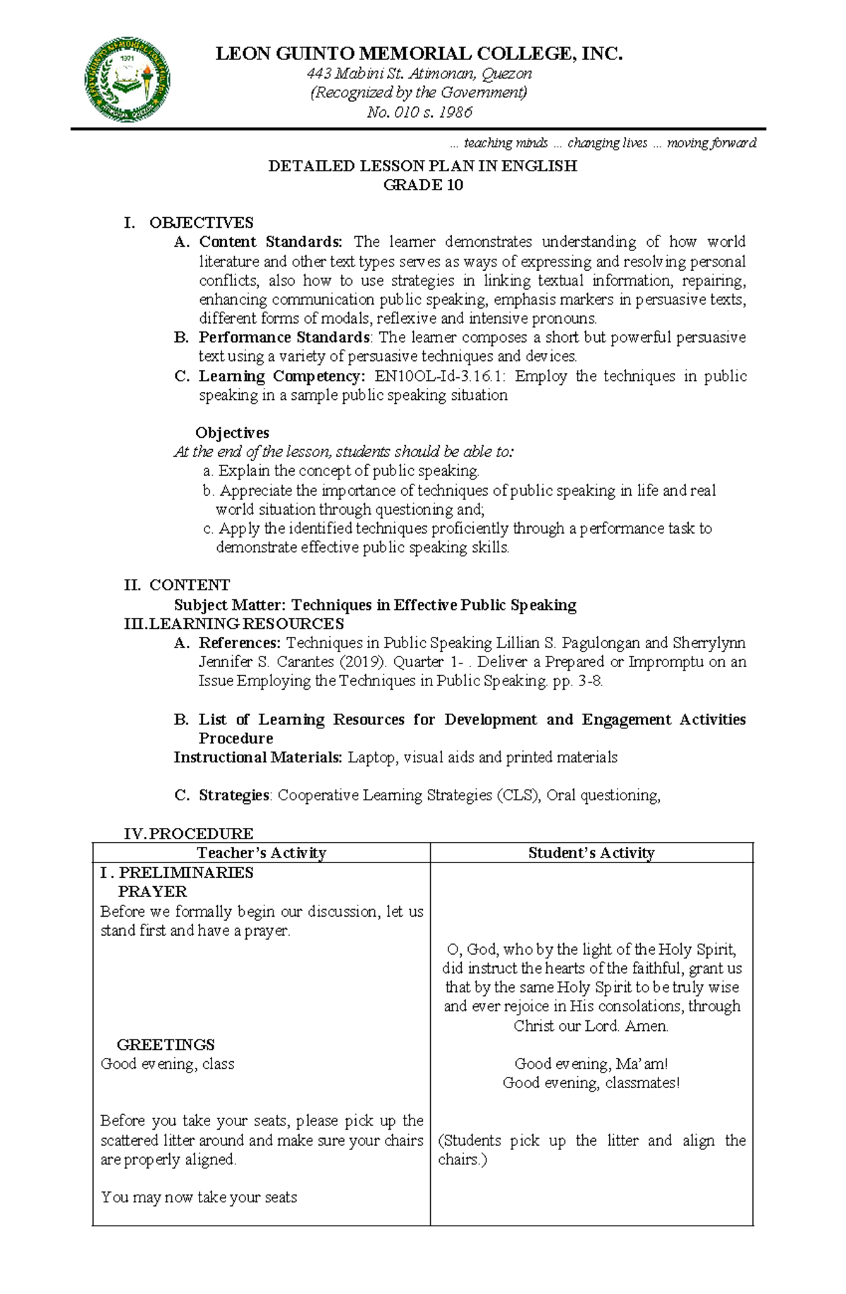 Revised LP PEER Teach Grade 10 Public Speaking Flore to - 443 Mabini St ...