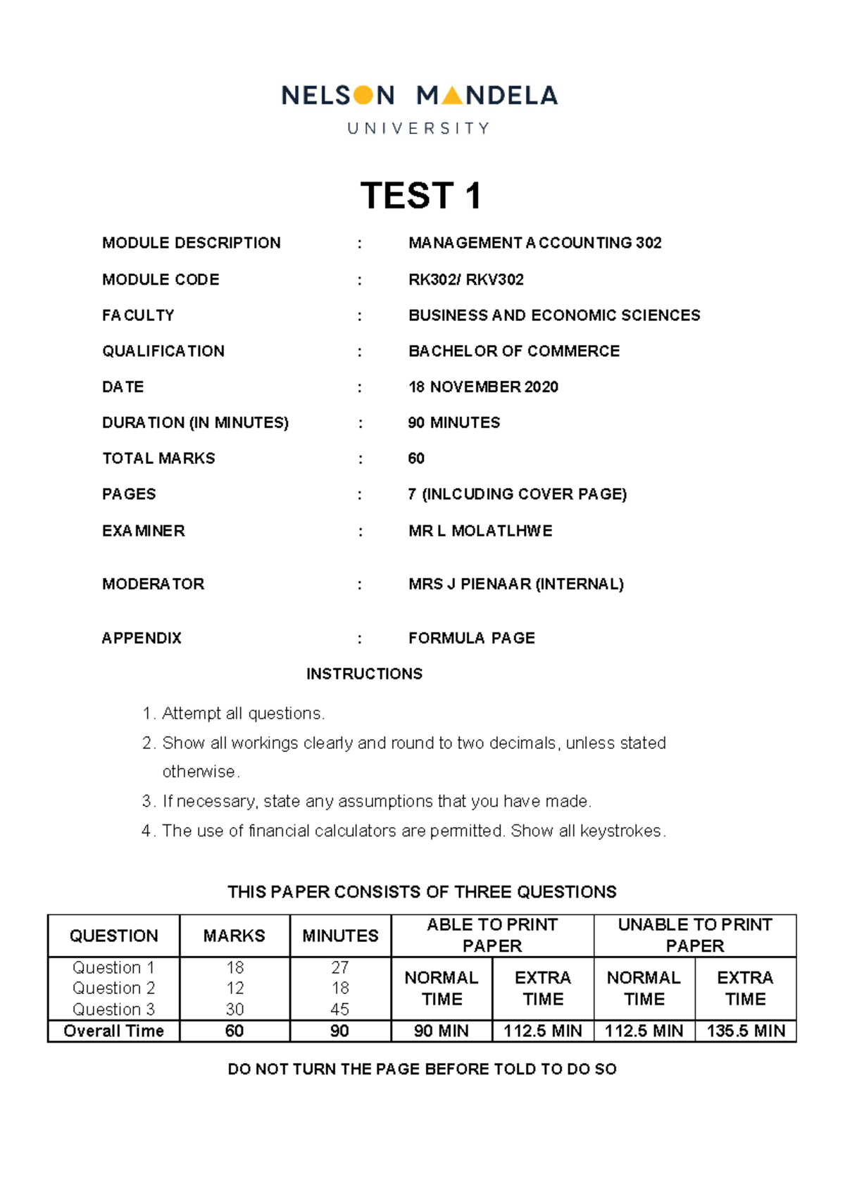 RKV302 2020 Test 1 Question - TEST 1 MODULE DESCRIPTION : MANAGEMENT ...