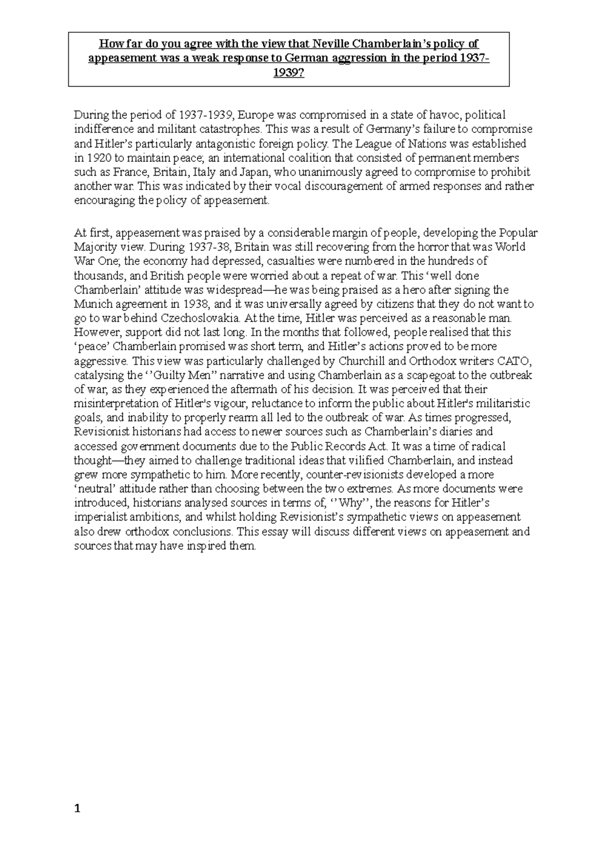 NEVILLE CHAMBERLAIN AND APPEASEMENT: A HISTORICAL ANALYSIS (HIST 101 ...