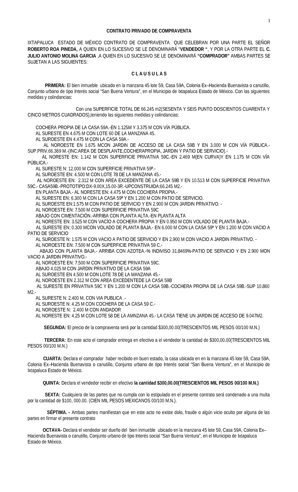 Contrato de Compraventa entre Roberto Roa y Julio Molina en Ixtapaluca ...
