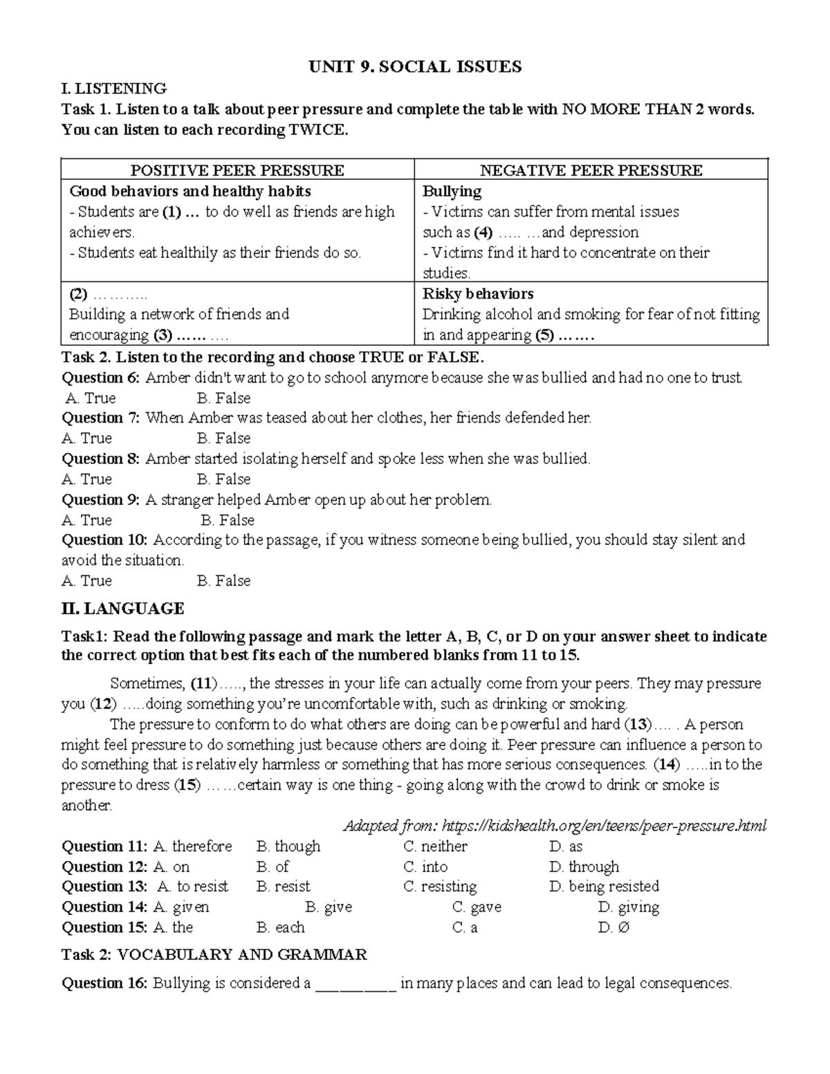 UNIT 9. SOCIAL ISSUES I. LISTENING & LANGUAGE TASKS - ĐC E11 - Studocu