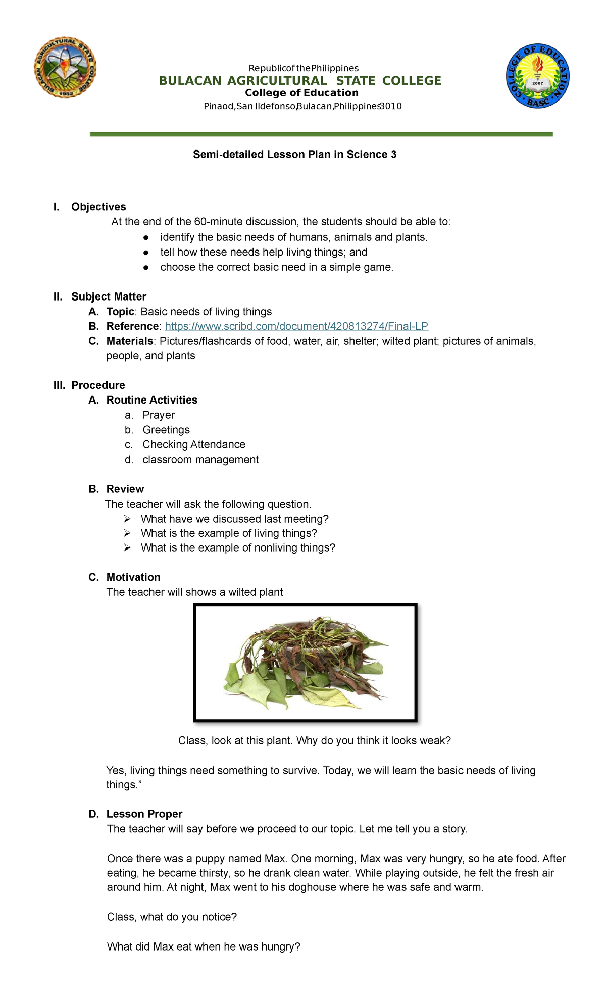 Lesson Plan in Science 3: Basic Needs of Living Things - BEED 2A - Studocu