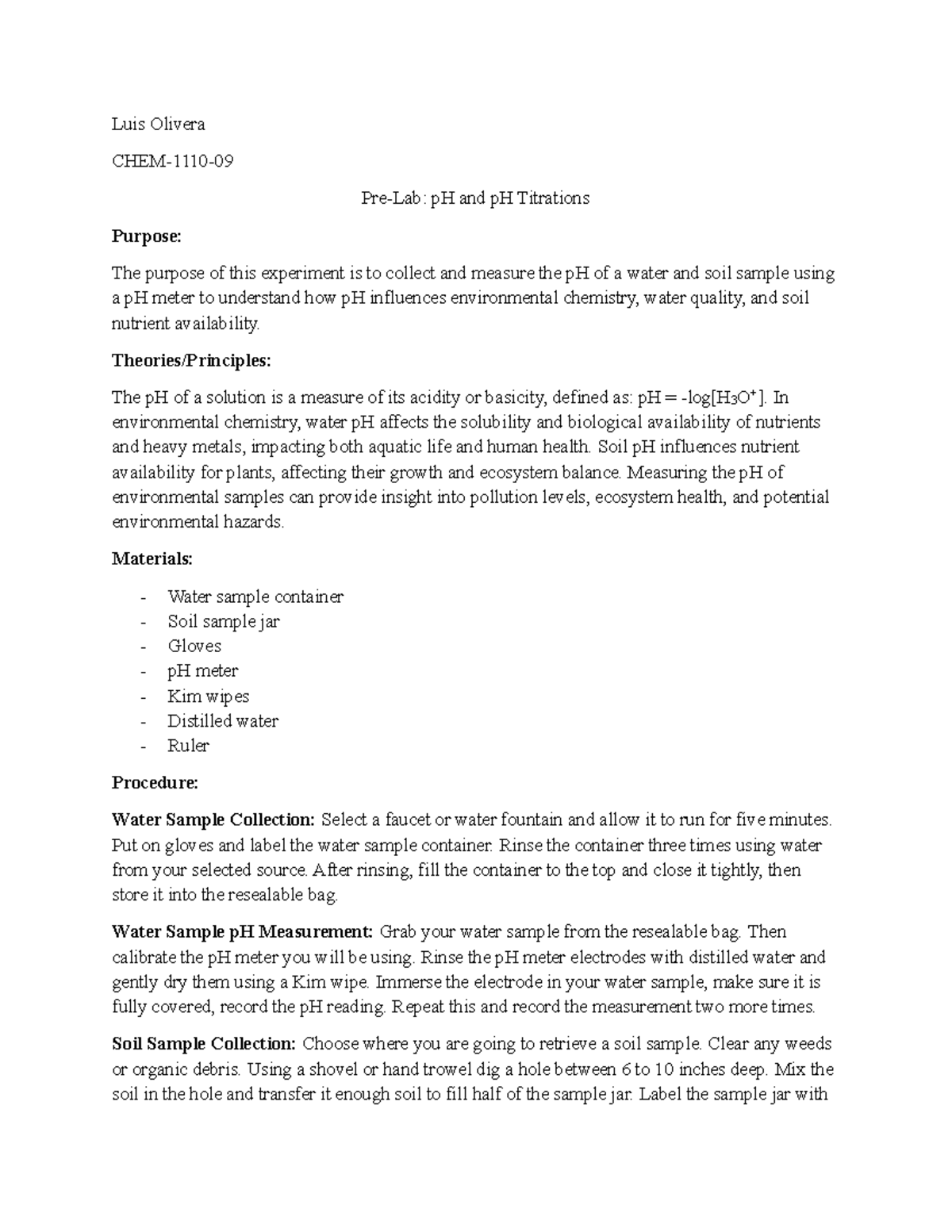 P H and pH Titrations Pre-Lab: Measuring Environmental Impact - Studocu