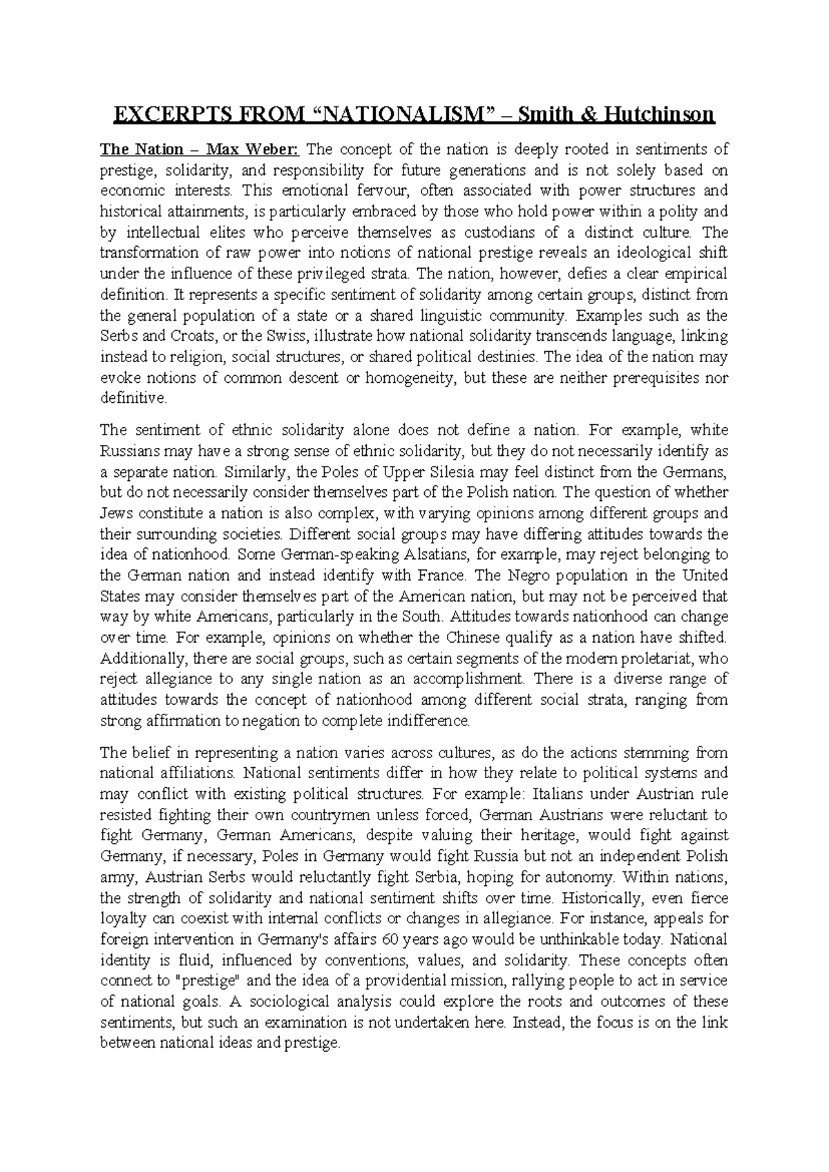 Excerpts from Nationalism: Analyzing Max Weber's Concept of the Nation ...