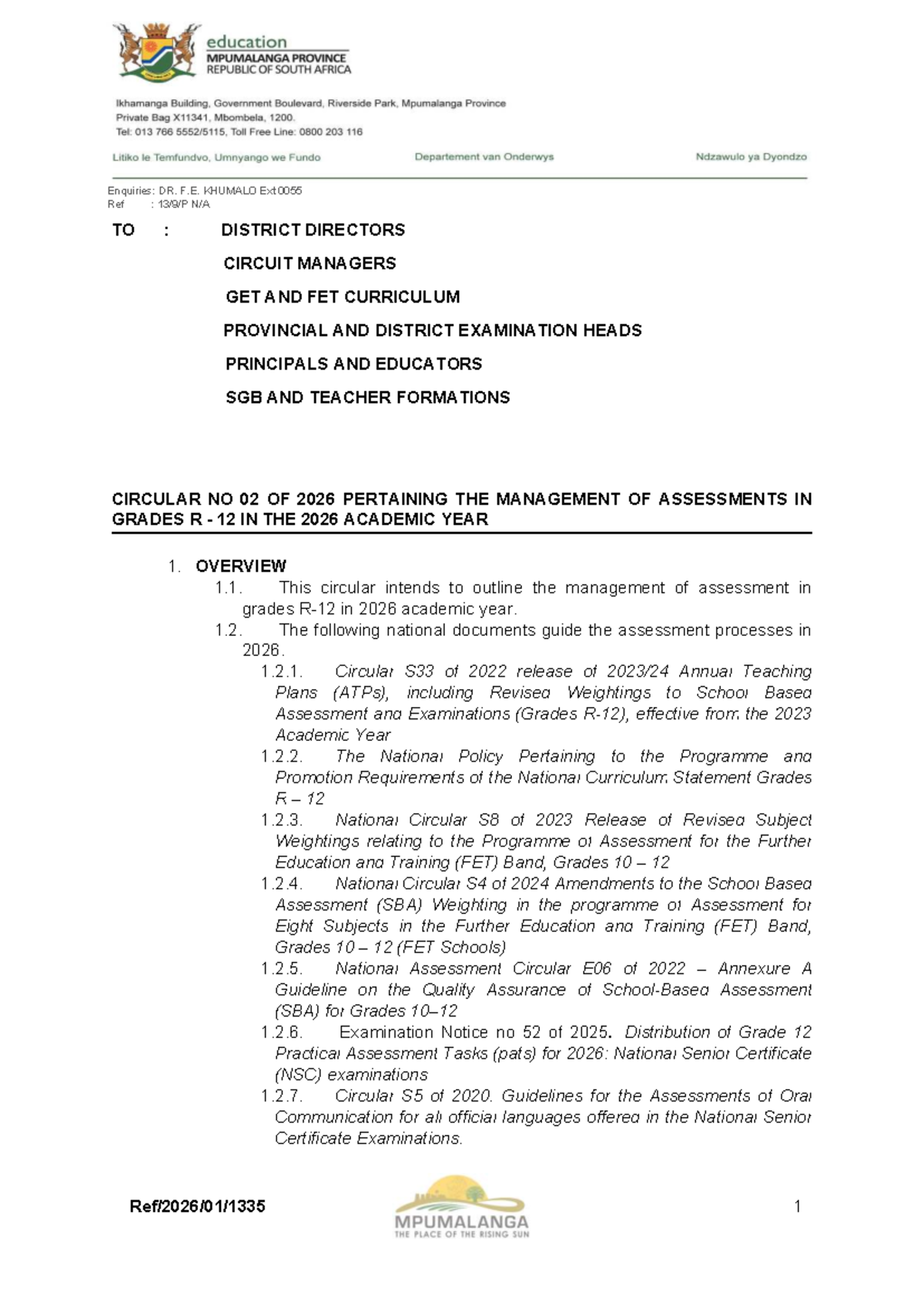 Circular No 02 of 2026: Management of Assessments for Grades R-12 - Studocu