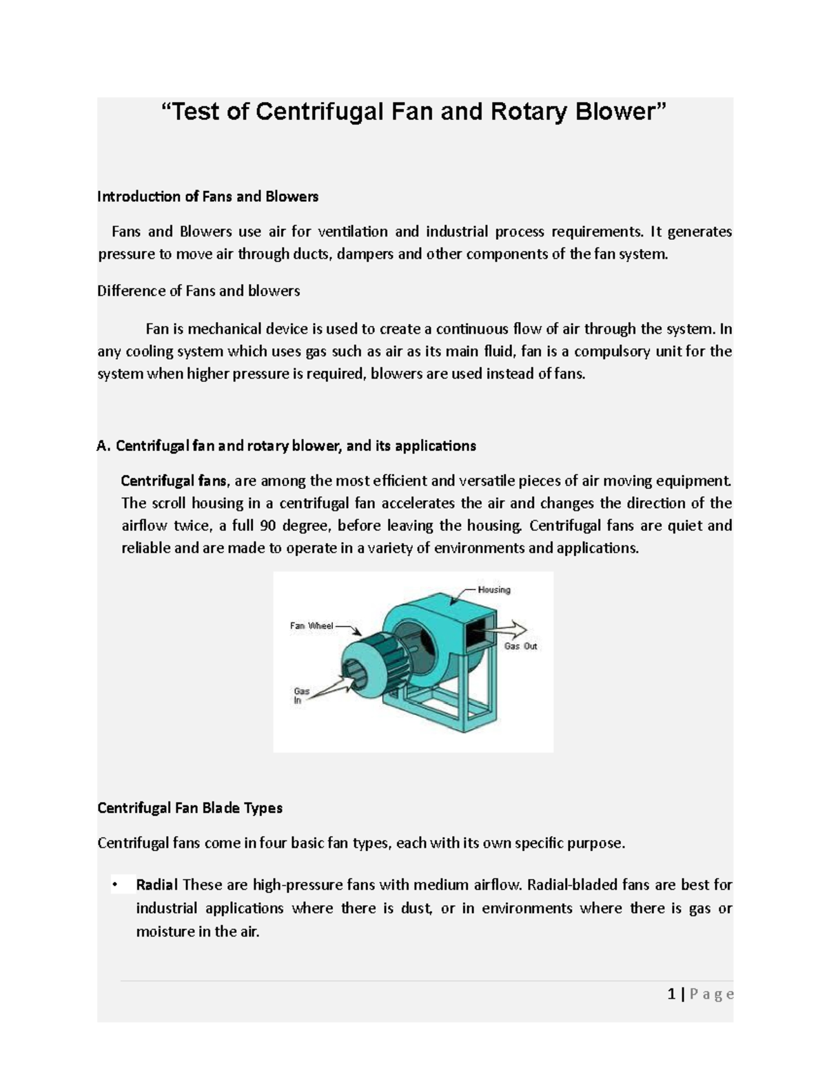 Module -Test of Fans and Blowers - “Test of Centrifugal Fan and Rotary ...
