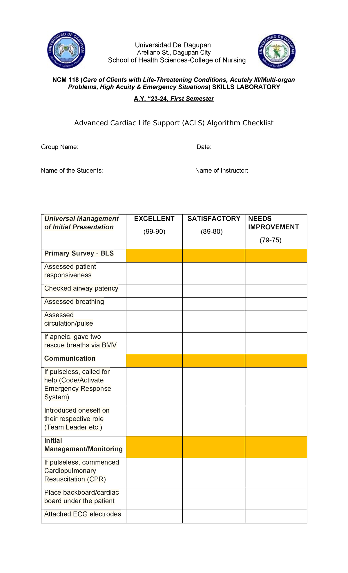 ACLS-Checklist: Summary of Essential Nursing Skills for NCM 118 - Studocu