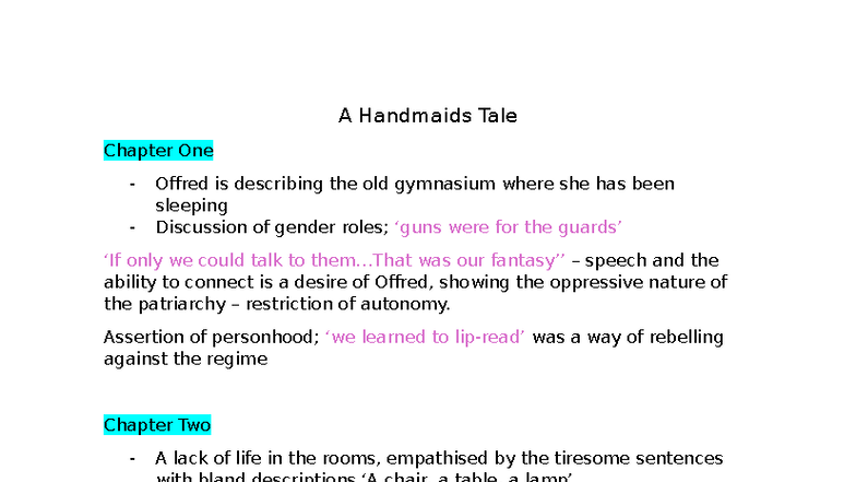 A Handmaid's Tale: Chapter Analysis and Themes Discussion - Studocu