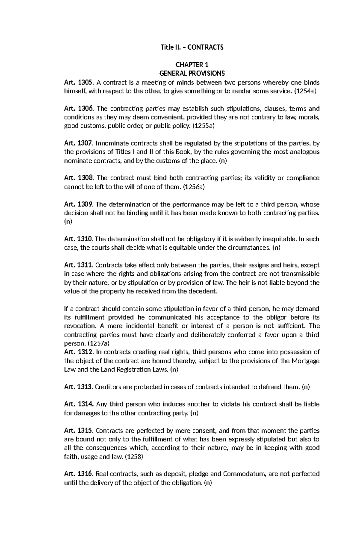 LAW 1 Contracts Handouts: General Provisions and Essential Requisites ...