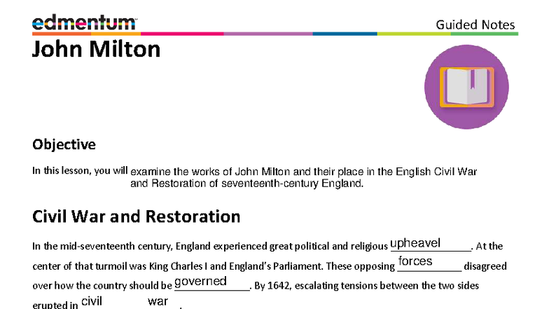 Guided Notes on John Milton: Civil War, Restoration & Poetry Analysis ...