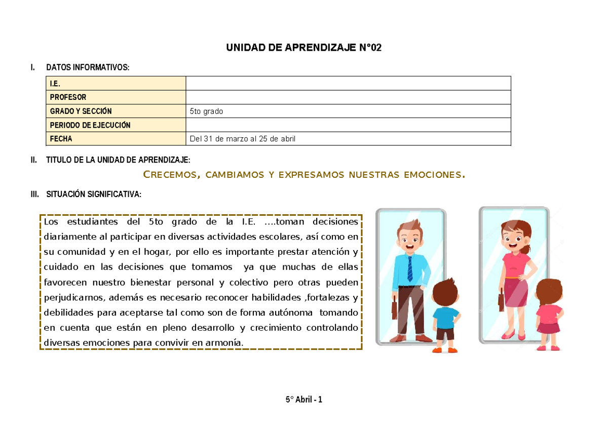 5° Grado - Unidad DE Aprendizaje N°02 - UNIDAD DE APRENDIZAJE N° I. DATOS INFORMATIVOS: I ...