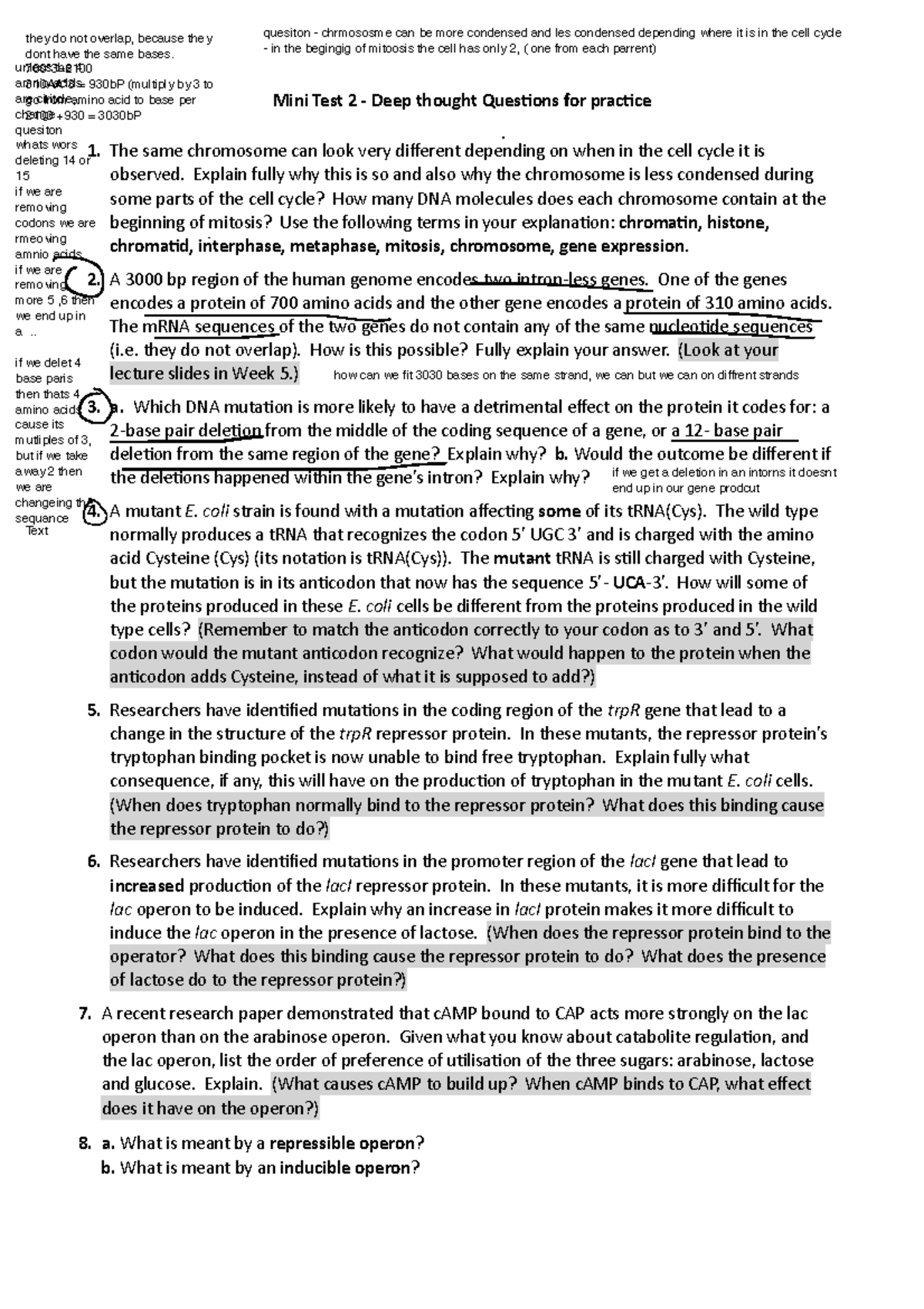 Mini Test 2 - Practice Questions on Chromosomes and Gene Expression ...