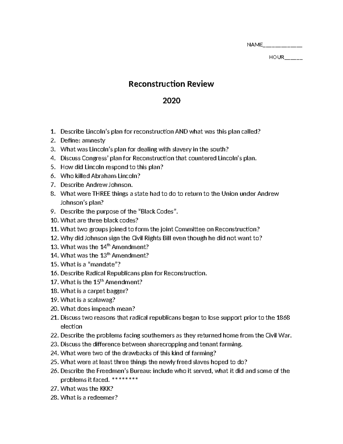 Reconstruction Review 2020: Key Concepts and Plans Explained - Studocu