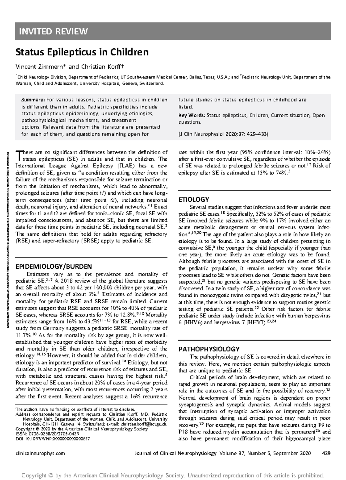 Status Epilepticus in Children: A Comprehensive Review (J Clin ...