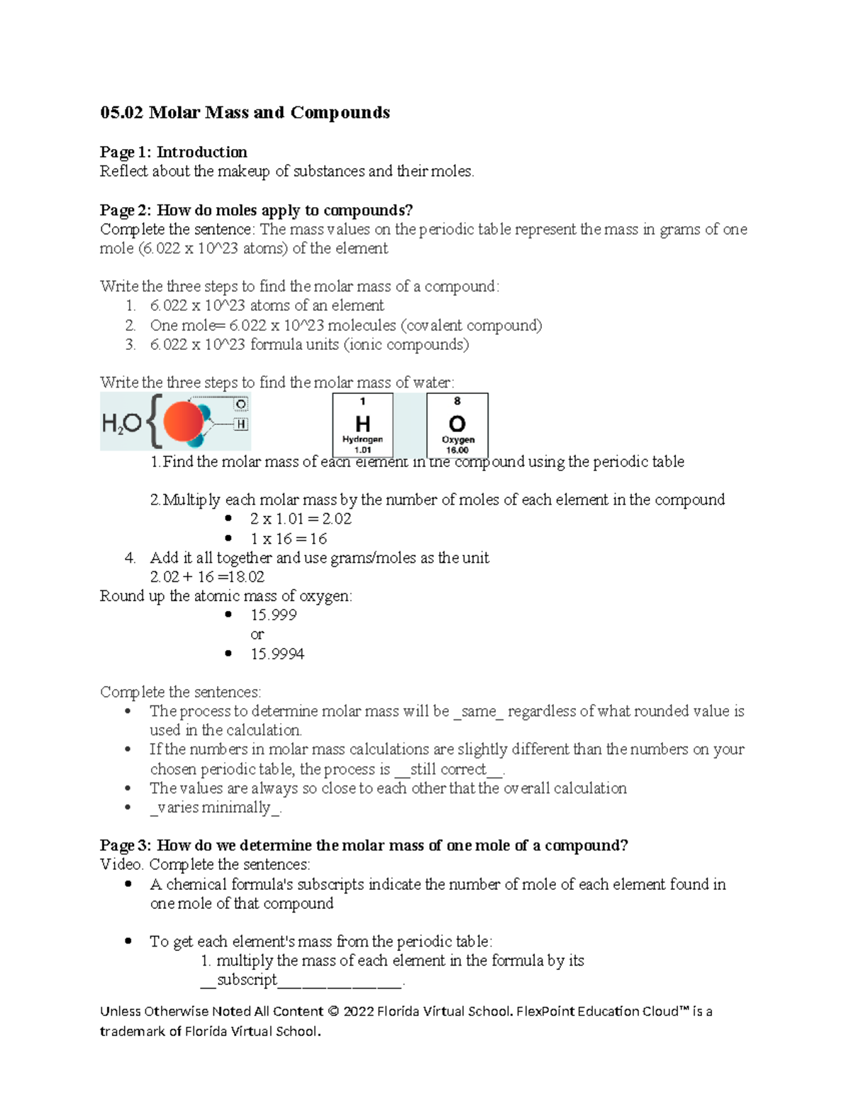 05.02 Molar mass and compounds: Class notes and calculations - Studocu