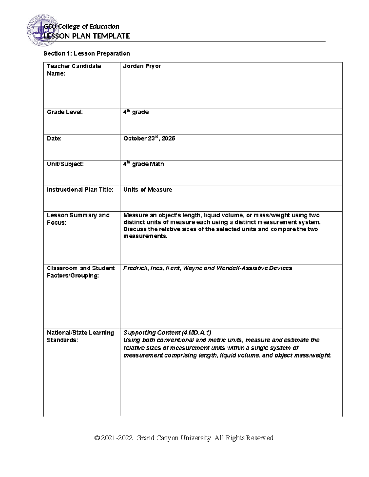 GCU College of Education 4th Grade Math Lesson Plan: Units of Measure ...