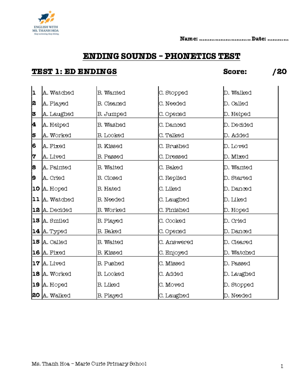 Ending Sounds Phonetics Test 1 & 2: ED Endings Evaluation - Studocu