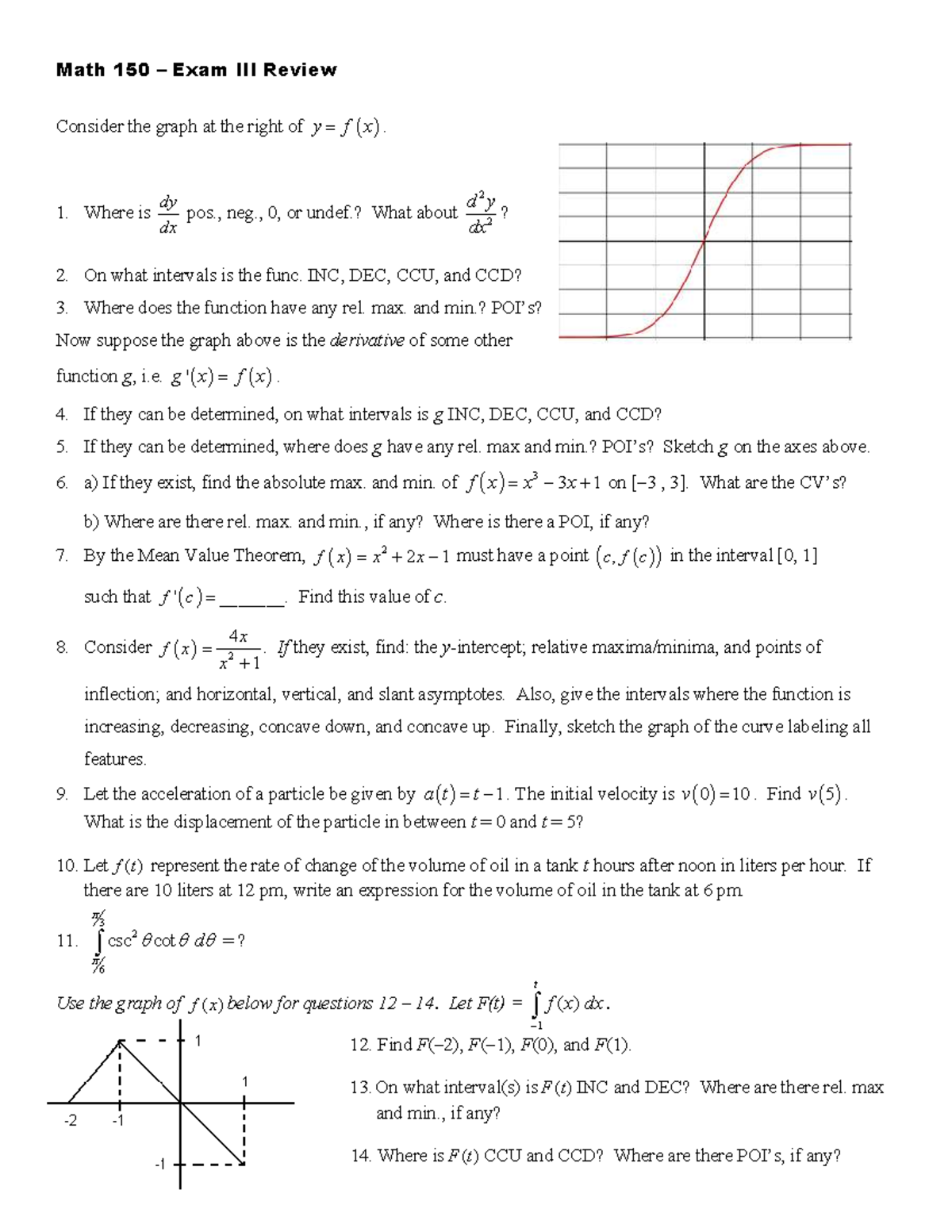 Math 150 Exam 3 Review: Key Concepts and Graph Analysis - Studocu