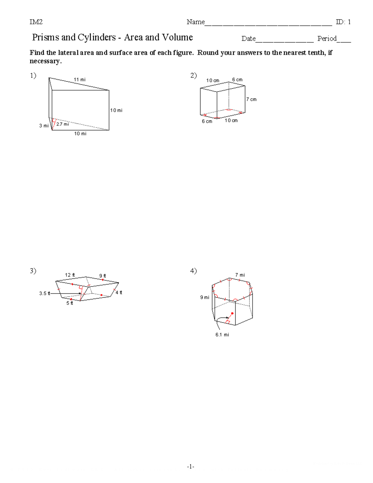 IM2 Final Exam: Prisms and Cylinders Area & Volume Calculations - Studocu
