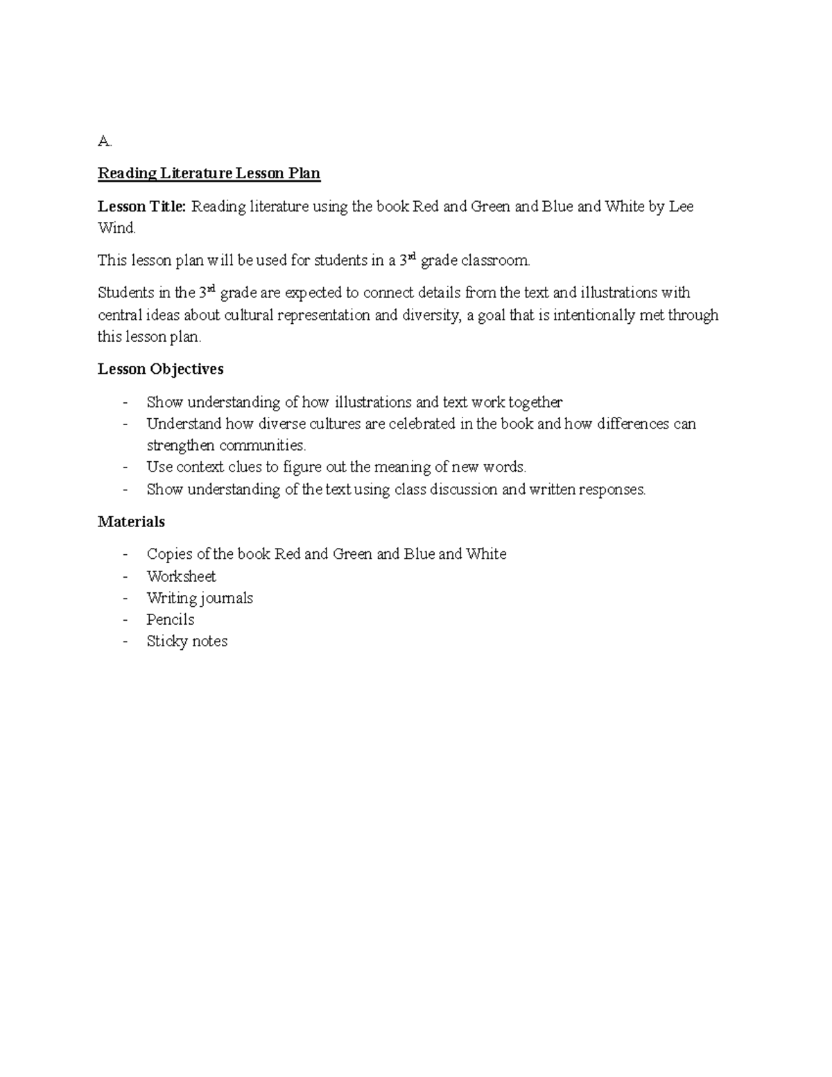 A. Reading Literature Lesson Plan: Exploring Diversity in 3rd Grade ...