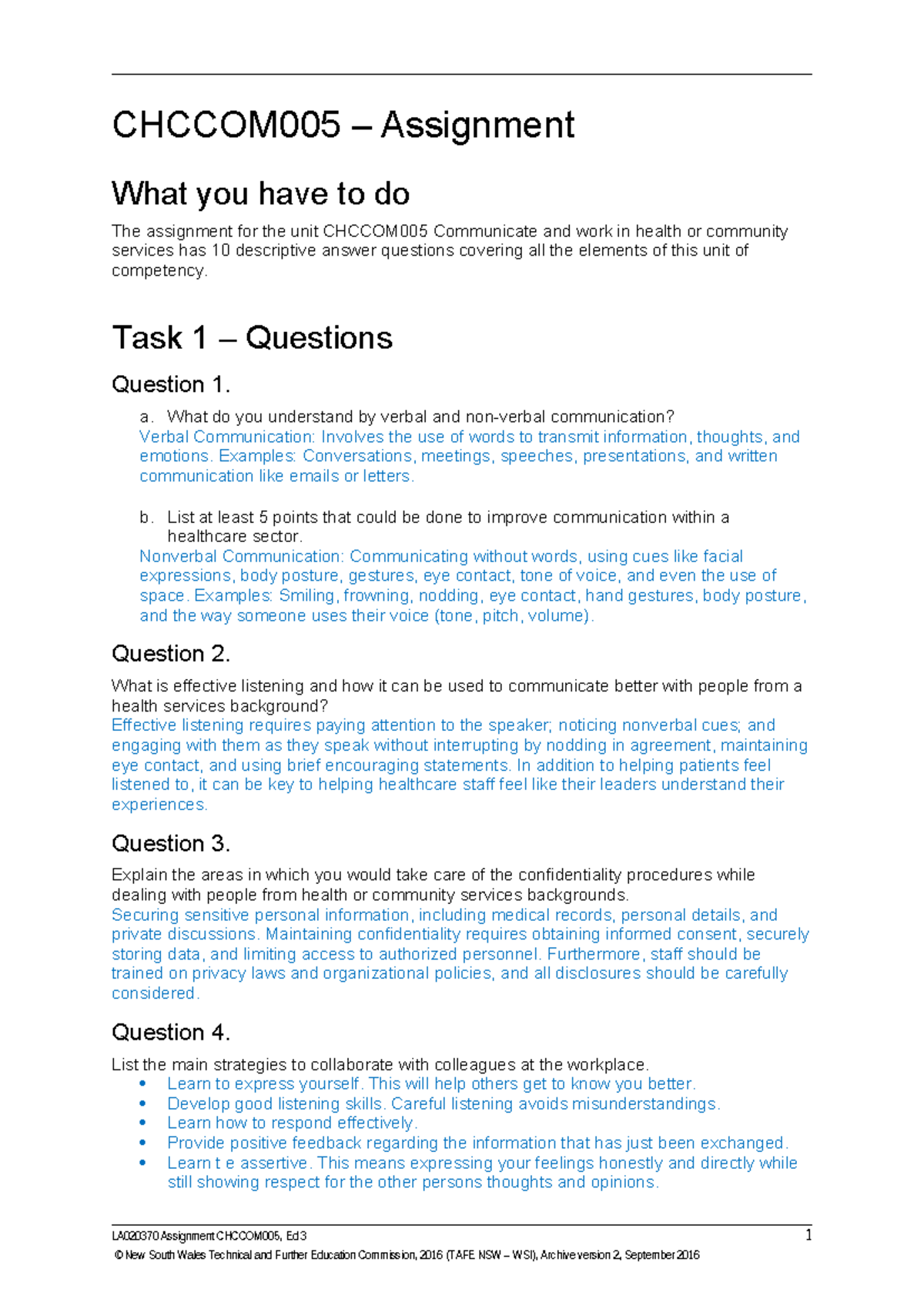 CHCCOM005 Assessment 1: Effective Communication in Health Services ...