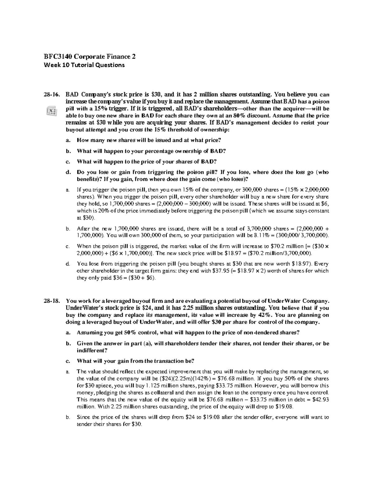 BFC3140 Week 10 Corporate Finance Tutorial Questions and Solutions ...