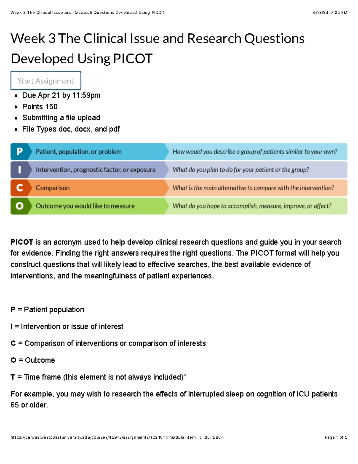 Week 3 PICOT Framework for Clinical Research Questions Development ...