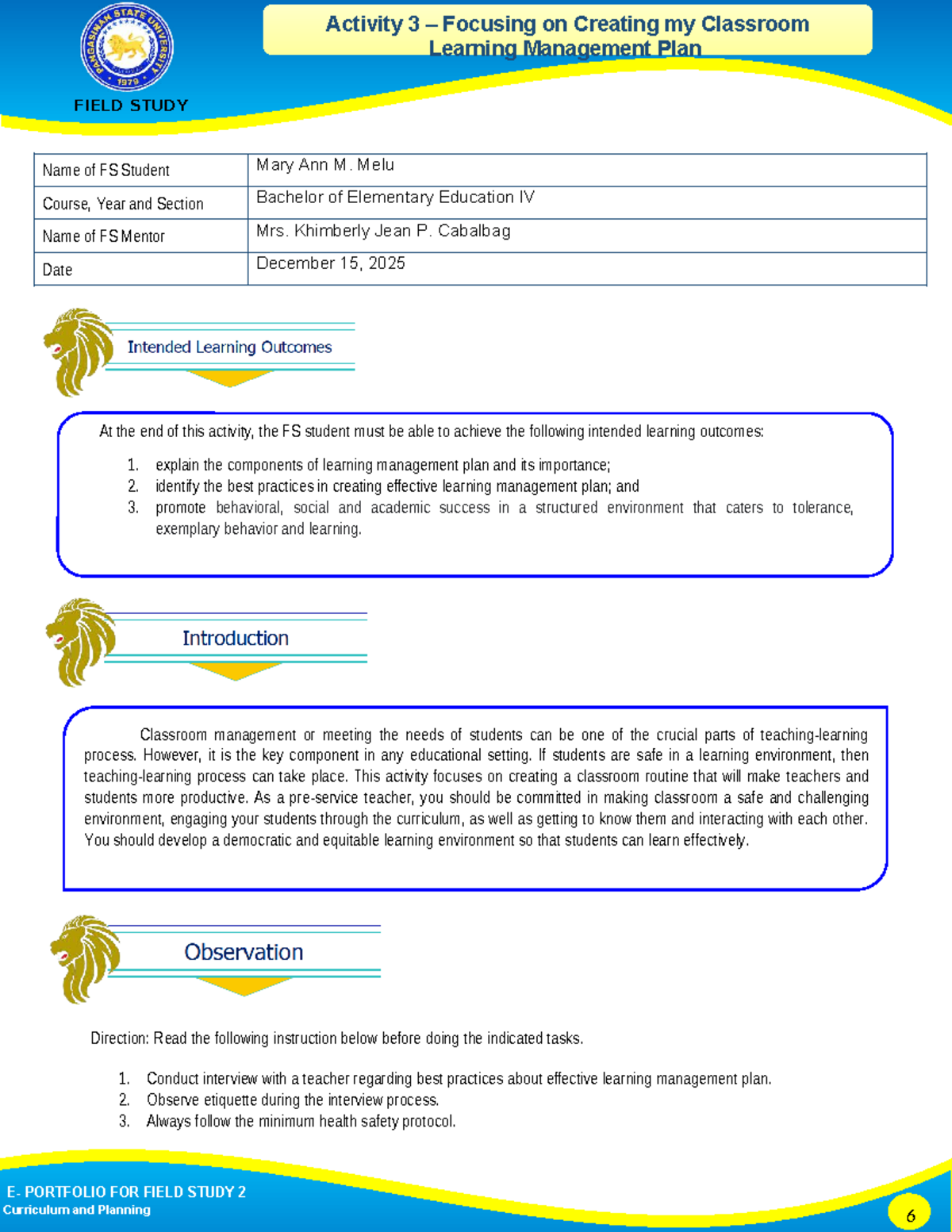 FS 2 - Activity 3: Developing an Effective Classroom Learning ...
