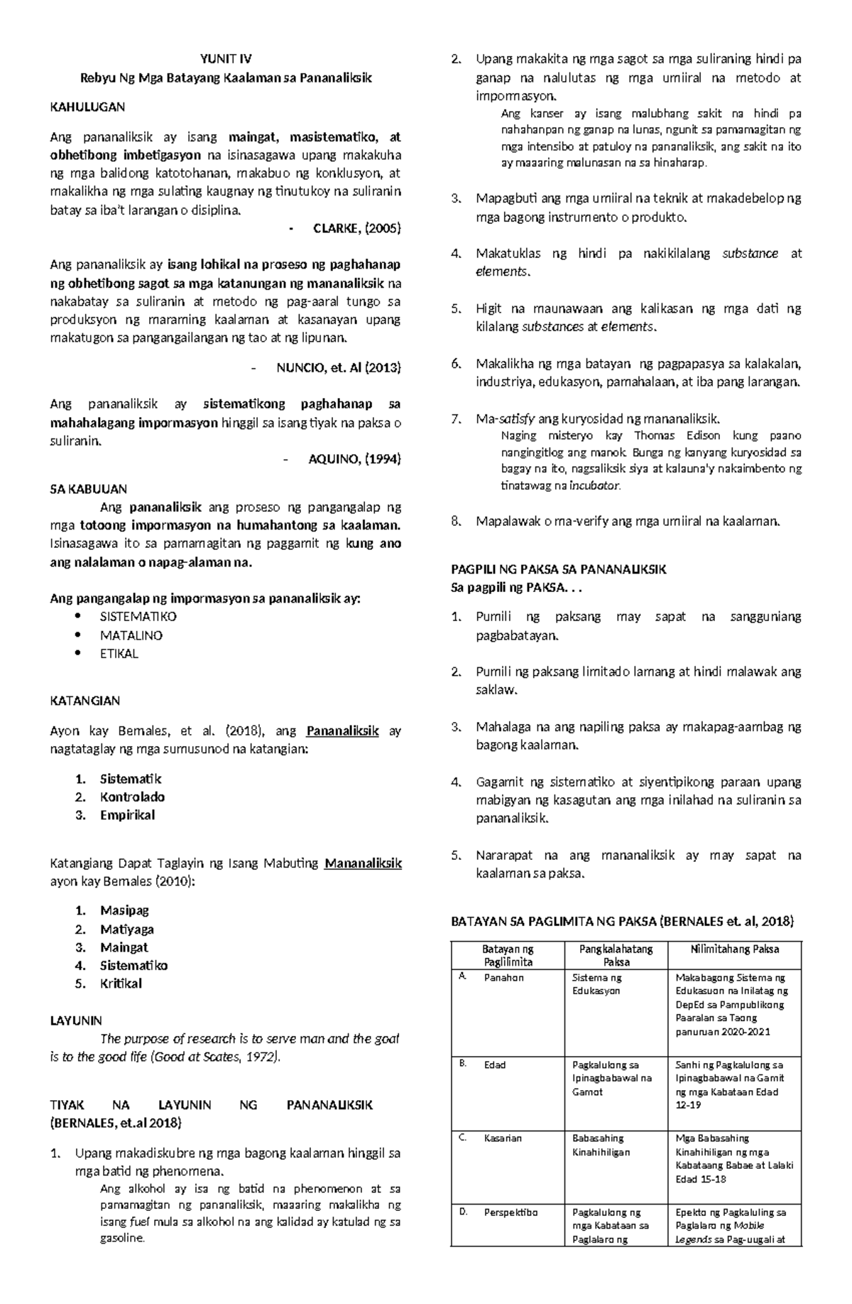 FILI 102 Yunit IV Reviewer - YUNIT IV Rebyu Ng Mga Batayang Kaalaman sa Pananaliksik KAHULUGAN ...