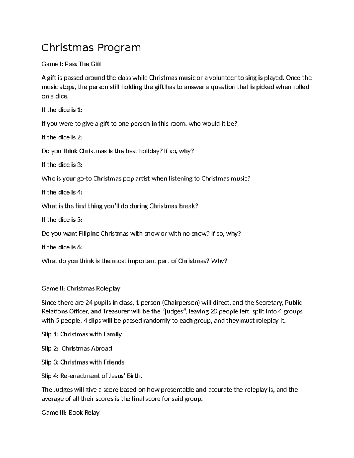 Christmas Program Activities: Pass The Gift & Roleplay - Studocu