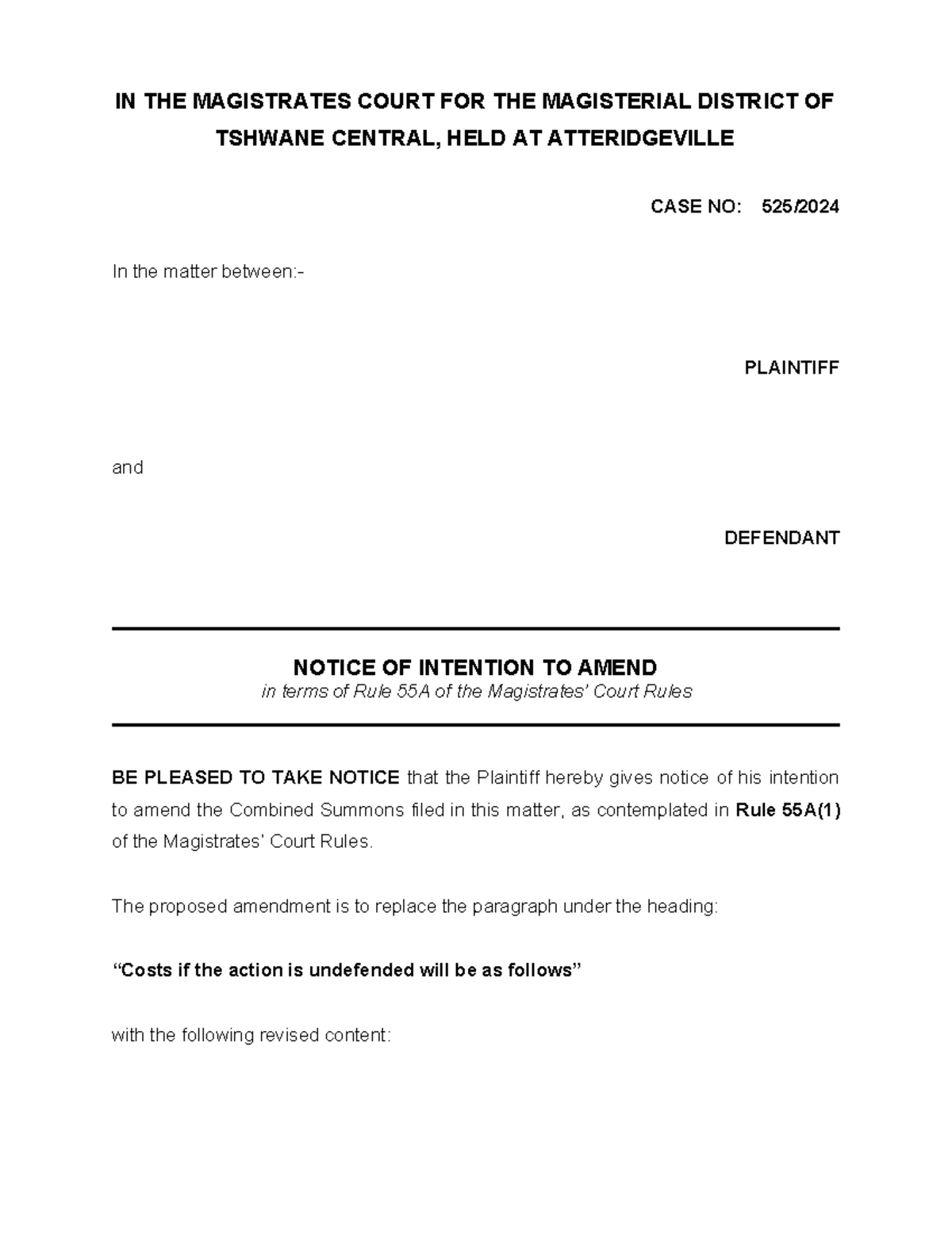 Notice of Intention to Amend Summons - Case No: [Insert Case No] - Studocu