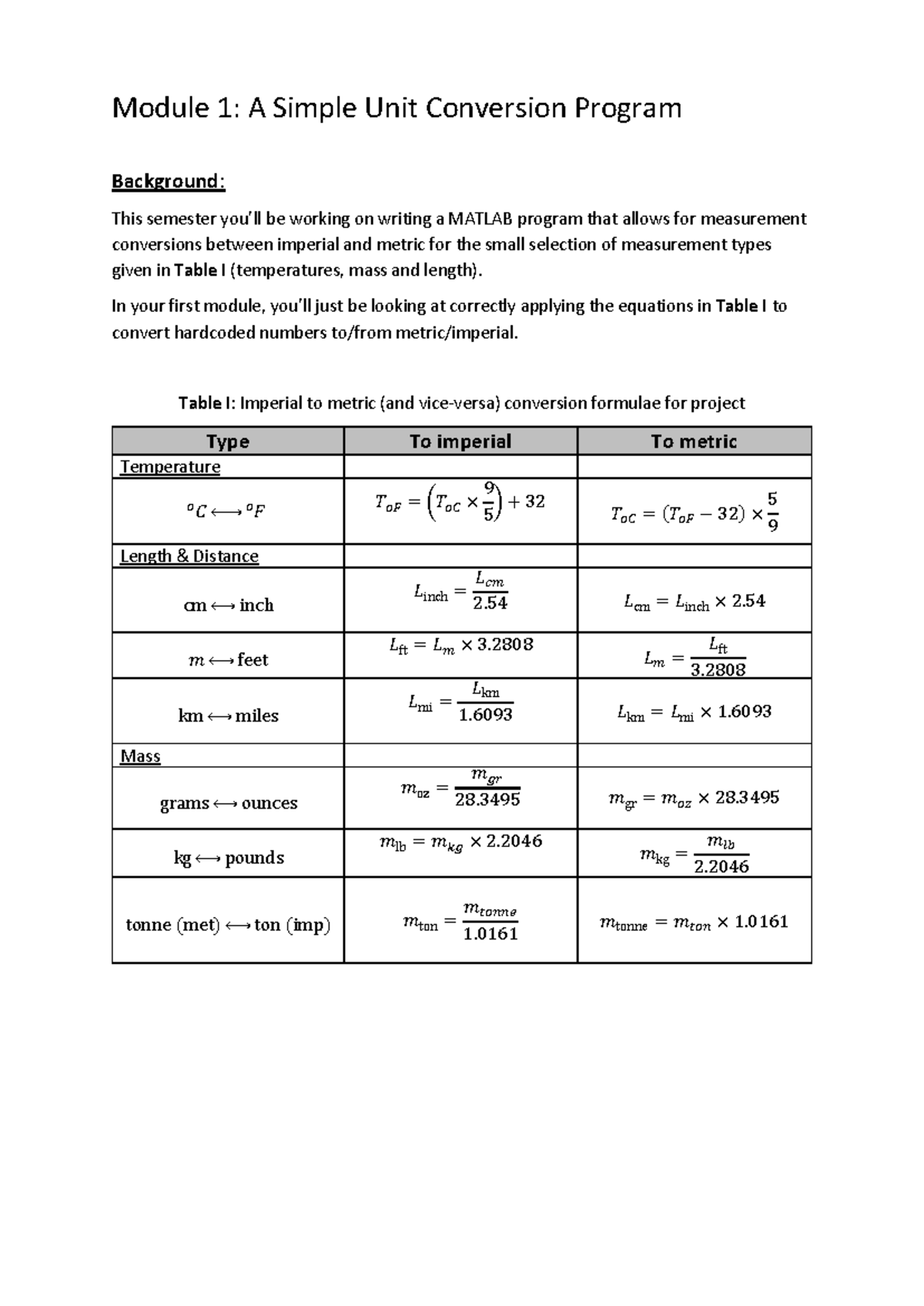 Module 1: MATLAB Unit Conversion Program Specifications - Studocu