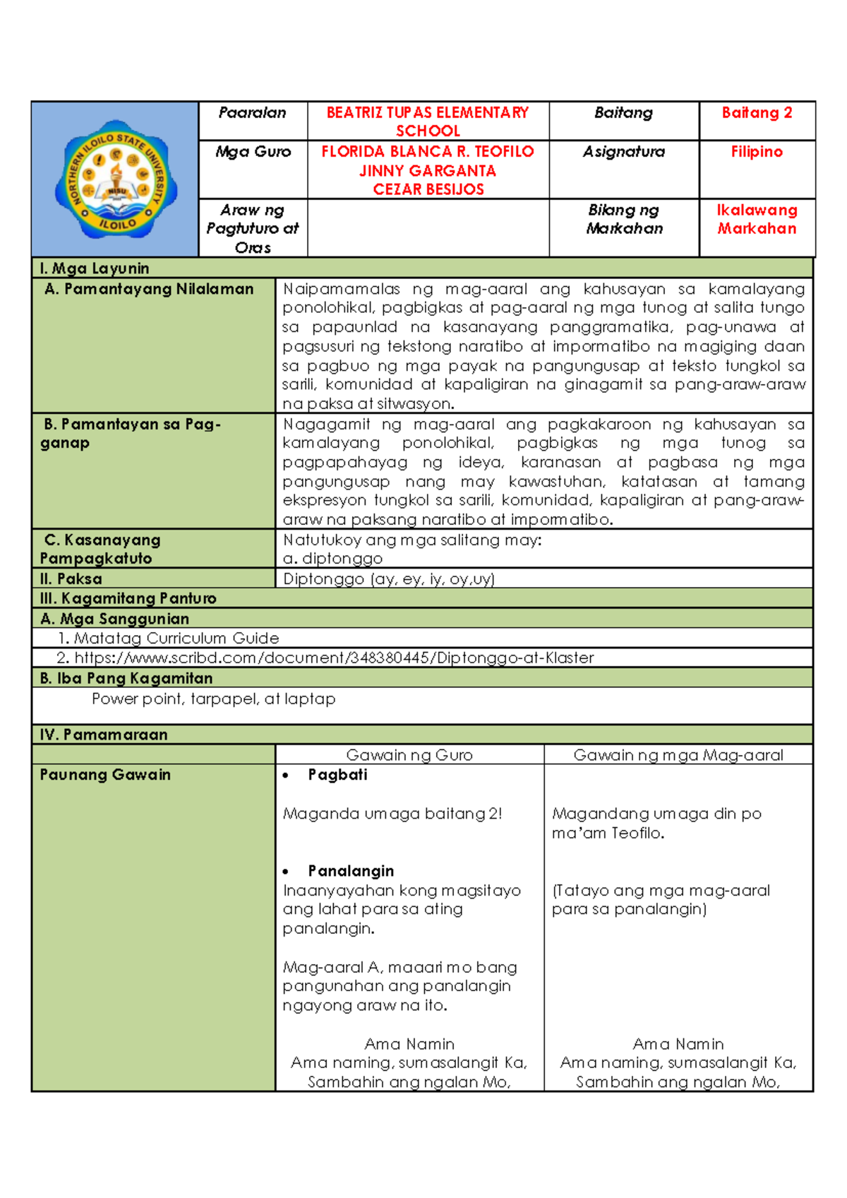 Fil 2 Lesson Plan: Diptonggo Activities by Florida Bugtong - Studocu