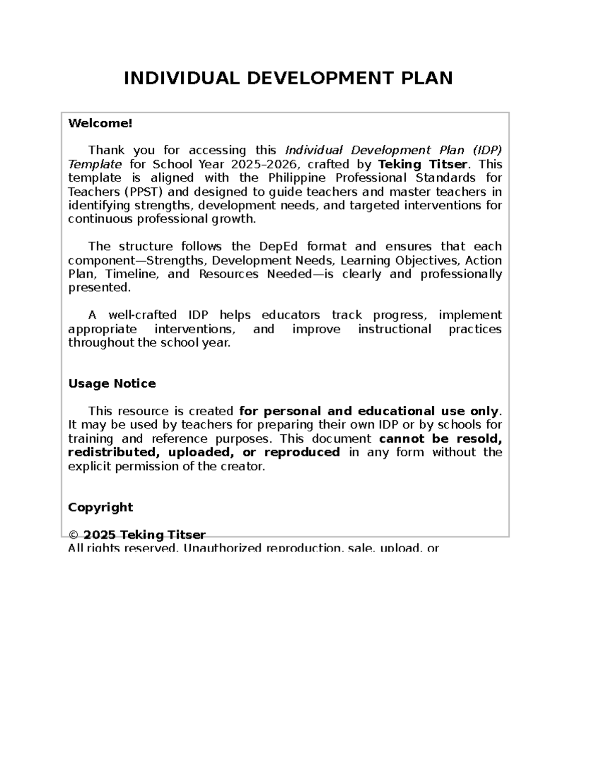 INDIVIDUAL DEVELOPMENT PLAN (IDP) TEMPLATE FOR SY 2025 - Studocu