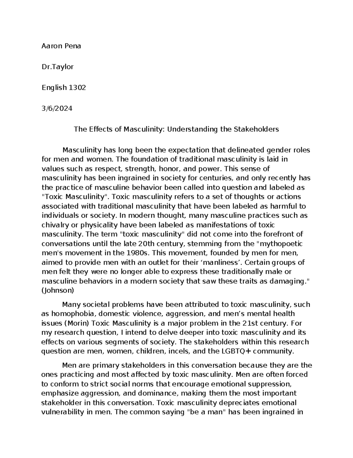 English 1302 Essay: The Impact of Toxic Masculinity on Society - Studocu