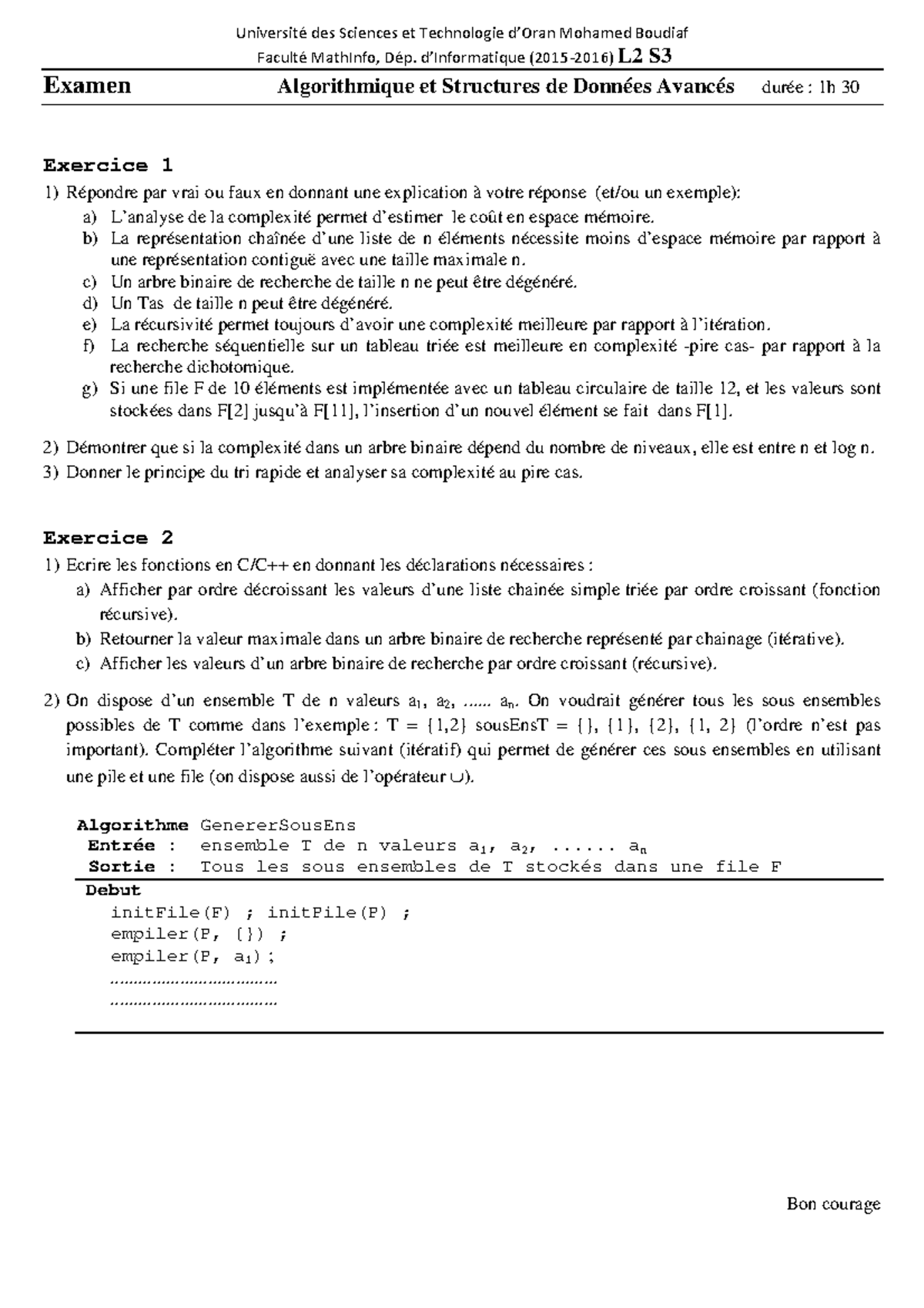 Examen ASD3 2016 - University USTO ASD3 L2, 2015/2016 - Faculté ...