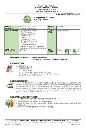 Technical Writing Module 1 - GRACE MISSION COLLEGE Catiningan, Socorro Oriental Mindoro ...