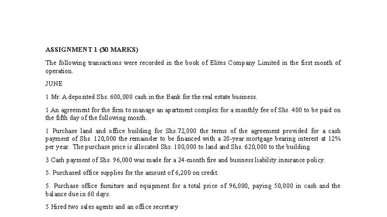Introduction to Accounting Assignment 1: June Transactions Analysis ...