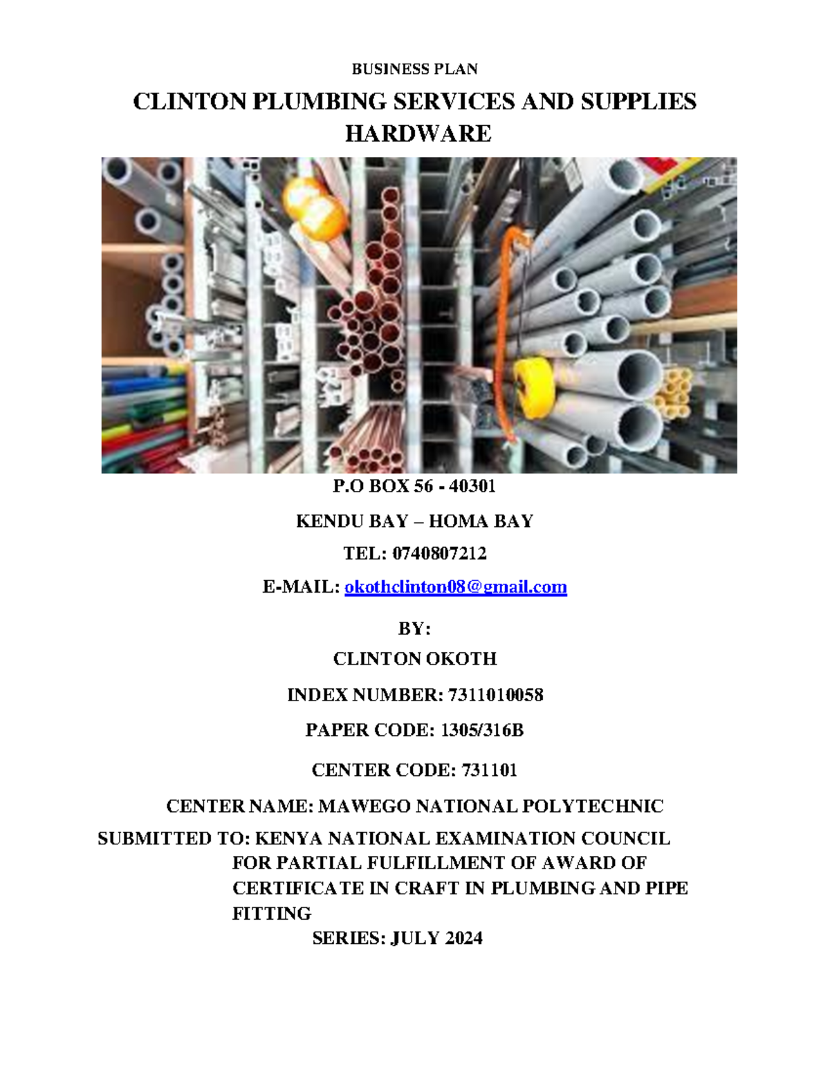 BUSINESS PLAN FOR CLINTON PLUMBING SERVICES (CERTIFICATE IN PLUMBING ...