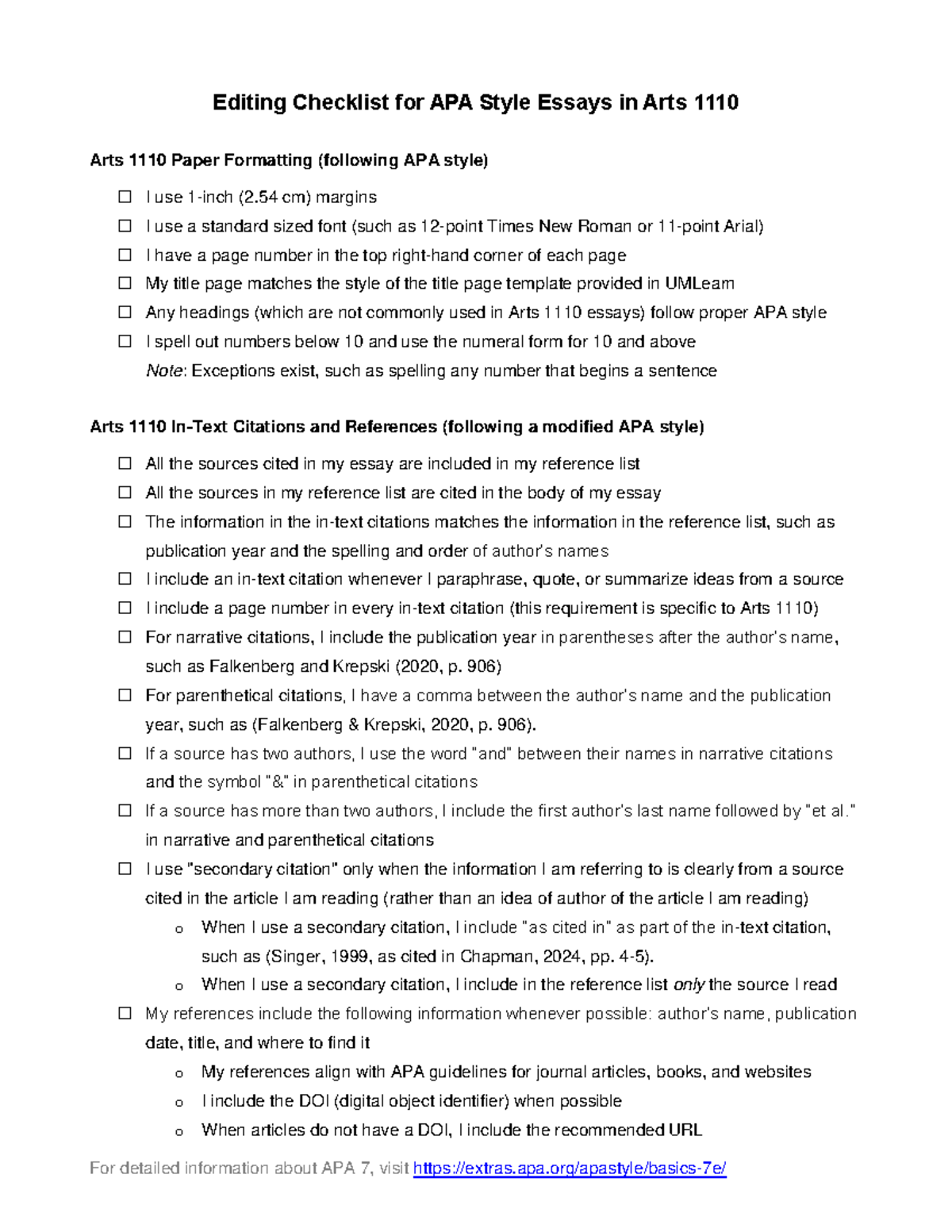APA 7 Editing Checklist for Arts 1110 WI 25 Essays - Studocu