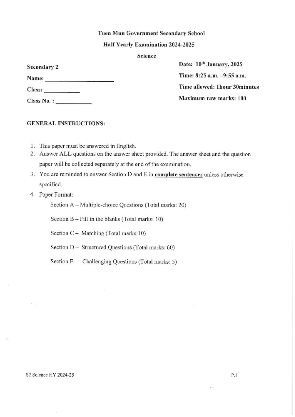 S2 Science Half-Yearly Exam Question Paper 2025 - Studocu