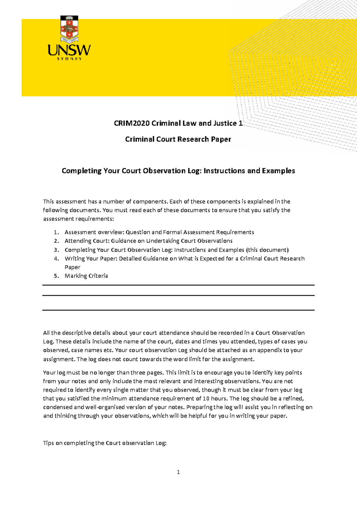 CRIM2020 Criminal Law & Justice 1: Court Observation Log Guide - Studocu