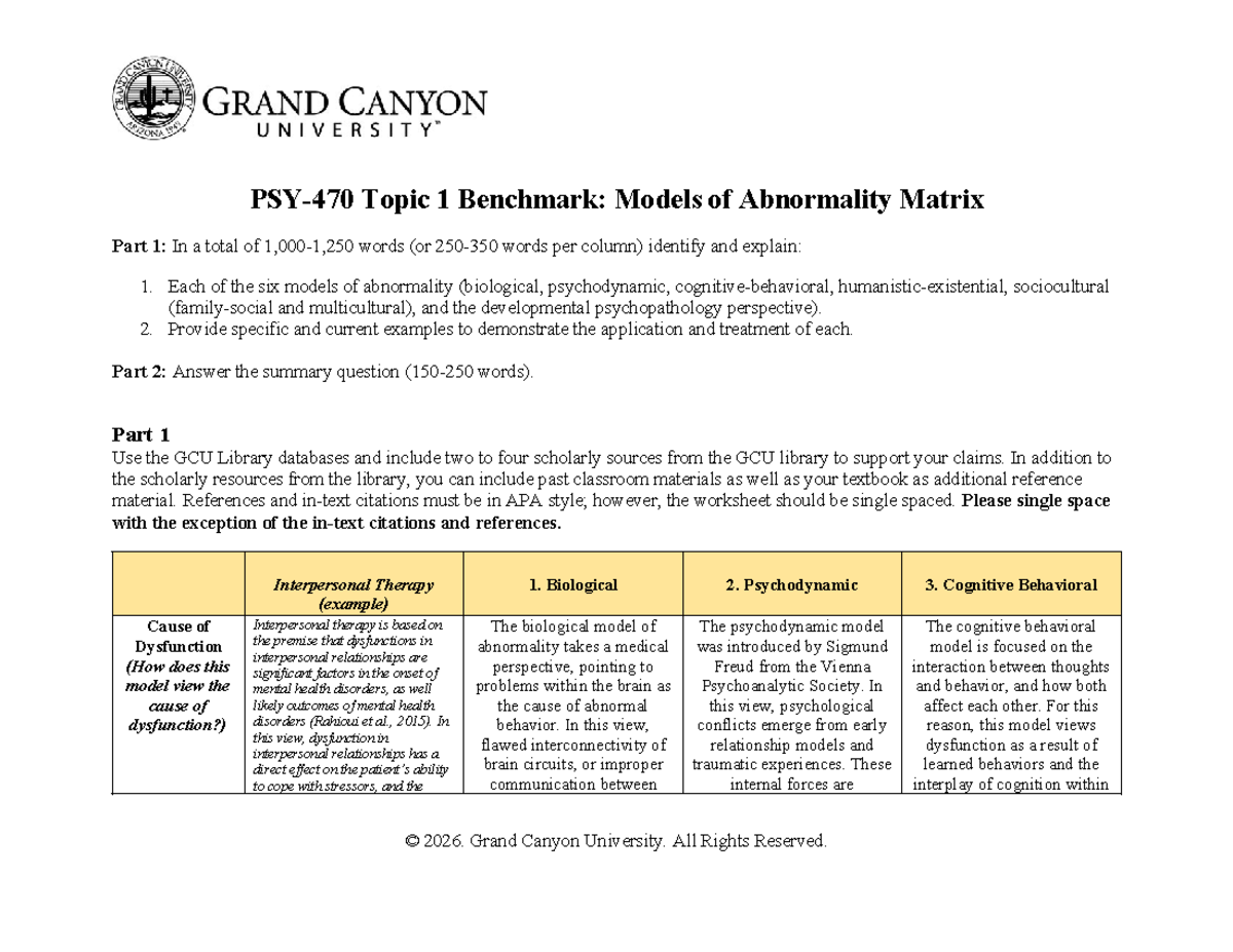 PSY 470 RS T1: Models of Abnormality Matrix Analysis and Examples - Studocu