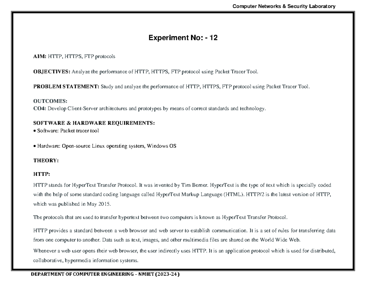 Experiment No. 12: Performance Analysis of HTTP, HTTPS, and FTP Protocols - Studocu